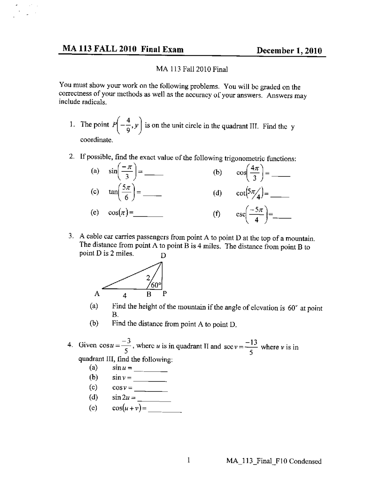 Practice Final Exam Precalculus Trigonometry Ma 113 Docsity