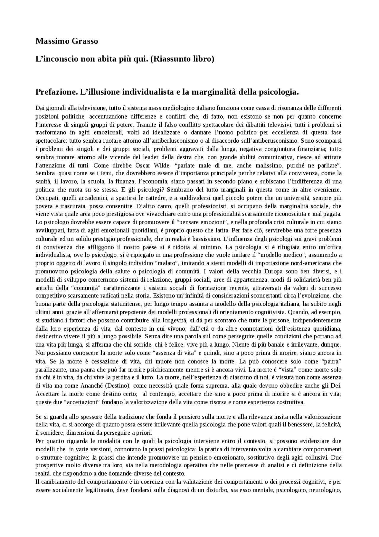 Massimo Grasso - L'inconscio non abita più qui | Sintesi del corso di ...
