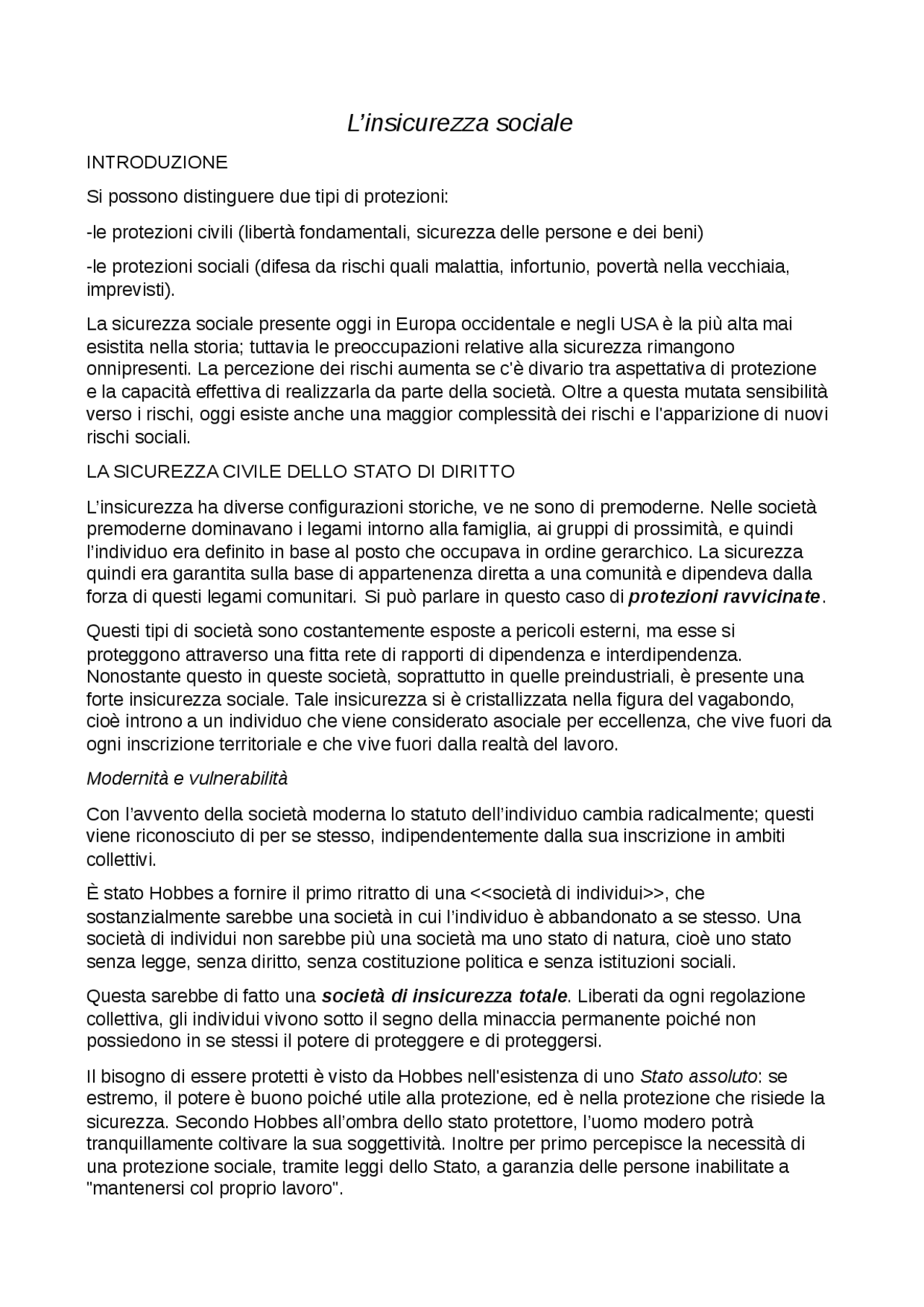 Linsicurezza Sociale Docsity
