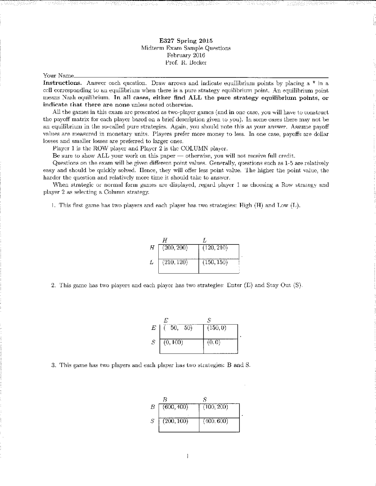 Midterm Exam Sample Questions Game Theory Econ Docsity