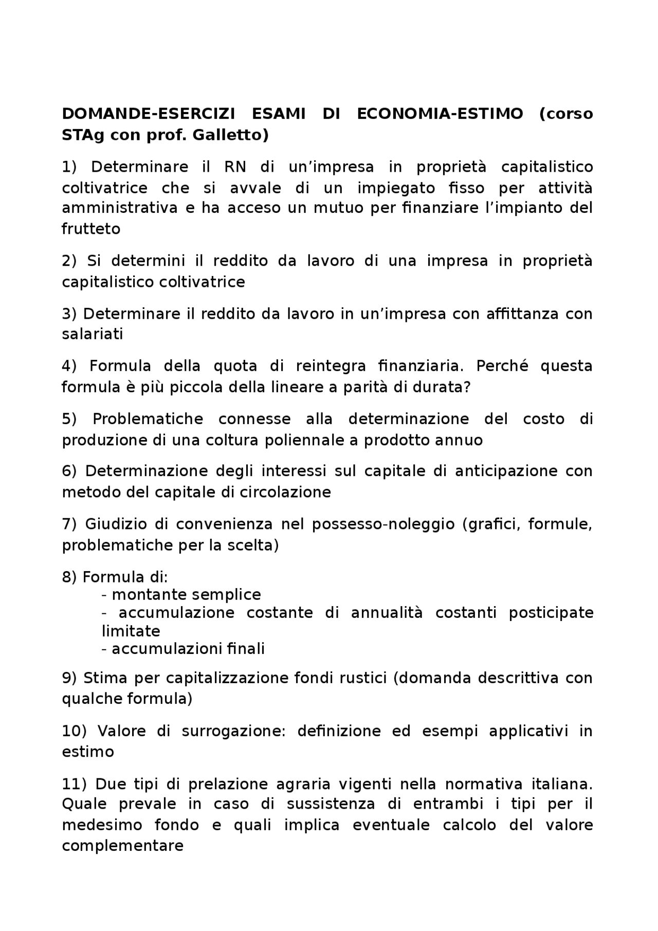 Domande Economia Estimo Complete Docsity