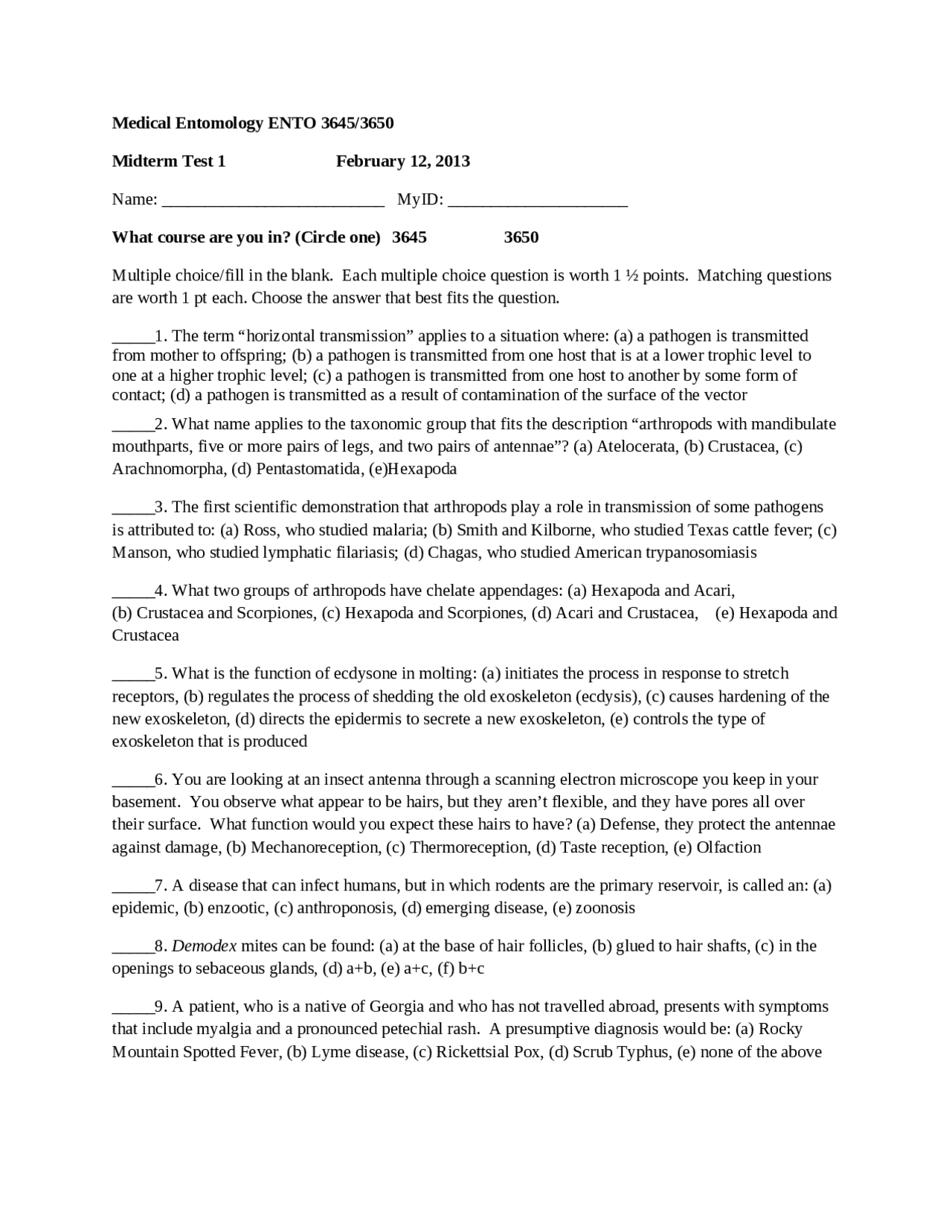 60 Questions On Medical Entomology Midterm Exam 1 Ento 3645 Docsity