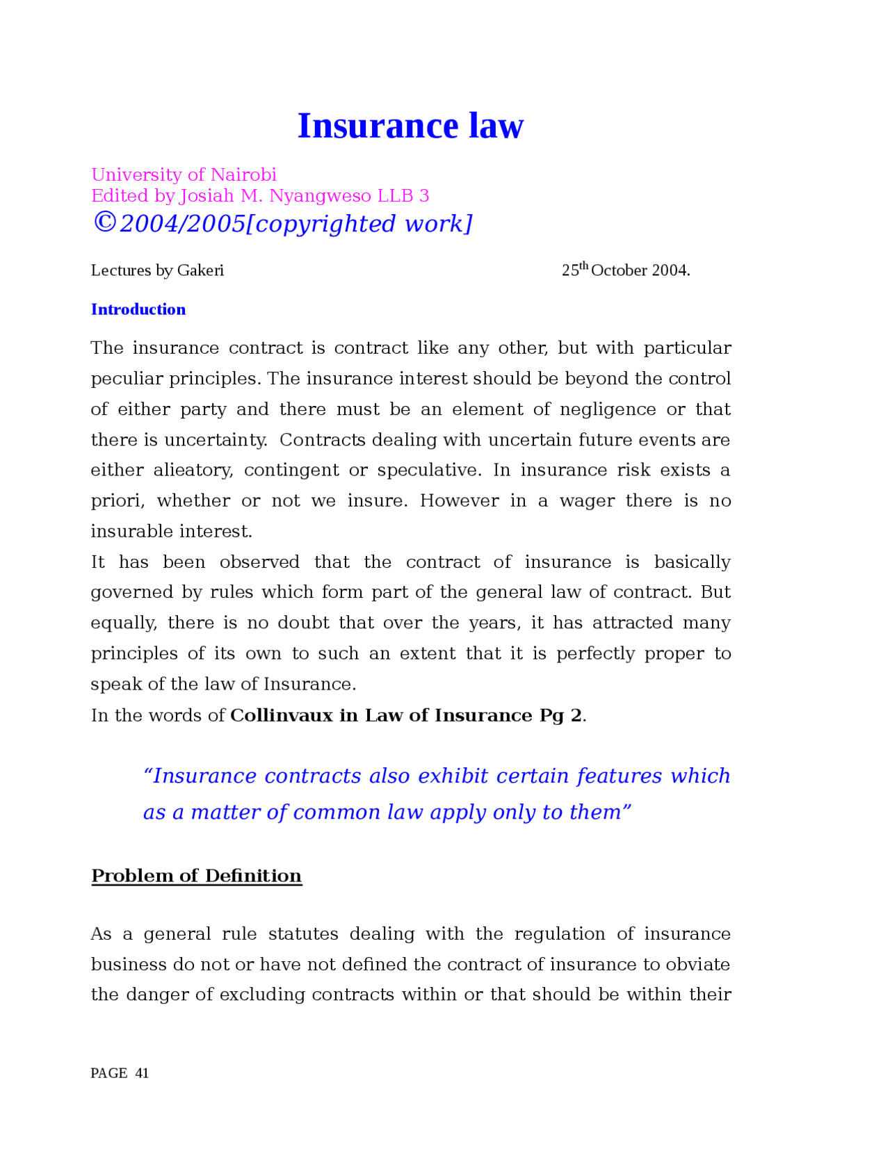 Insurance law[1] | Lecture notes Business and Labour Law | Docsity