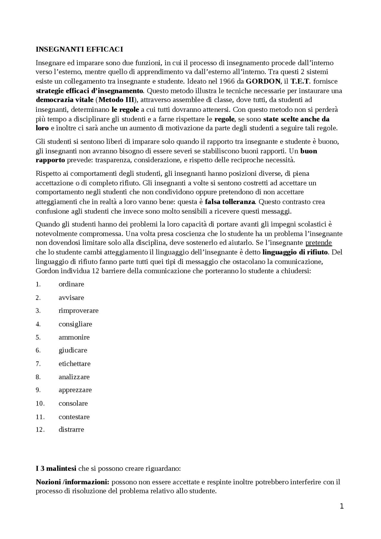 Insegnanti Efficaci Gordon Riassunto Docsity