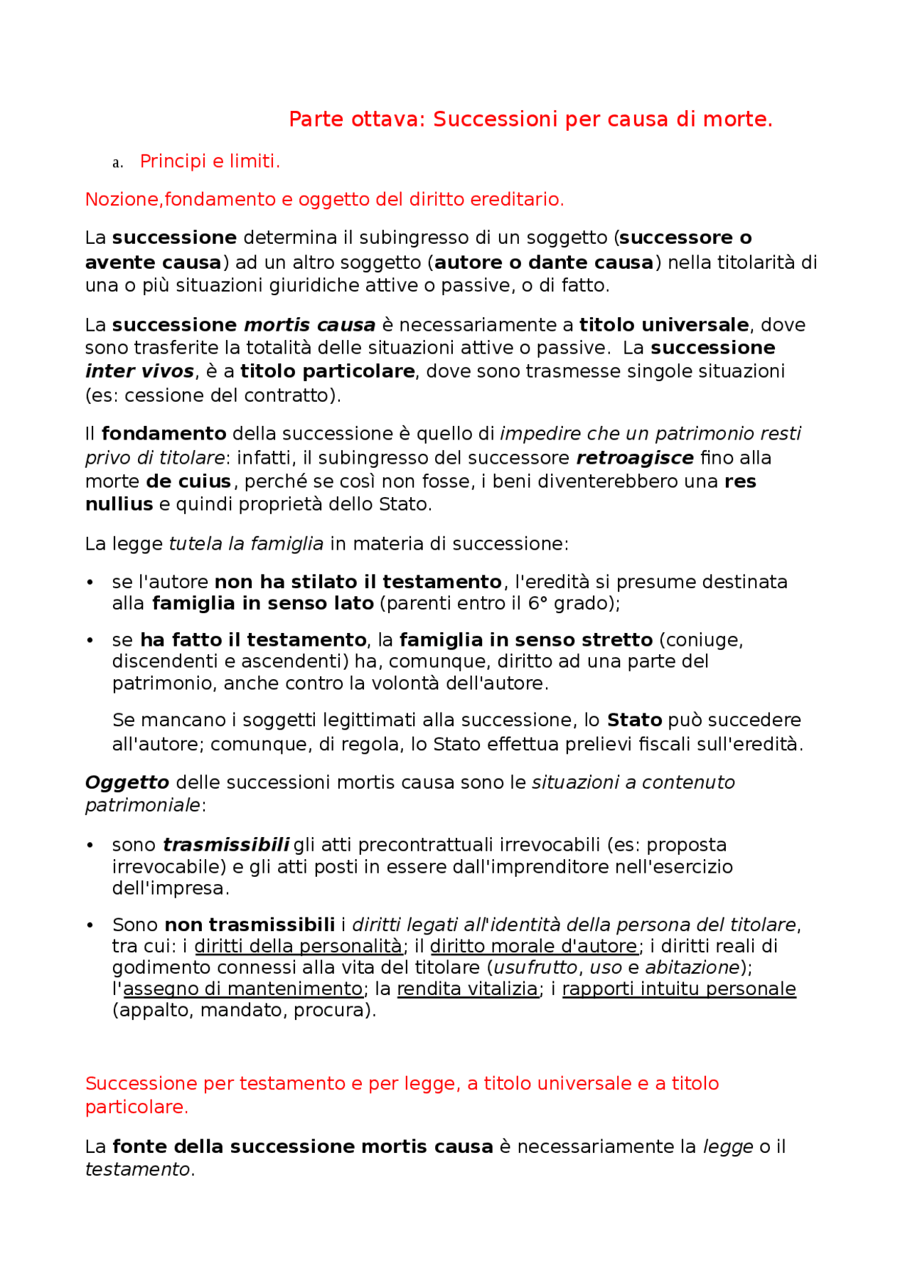 Parte ottava successioni per causa di morte - Docsity