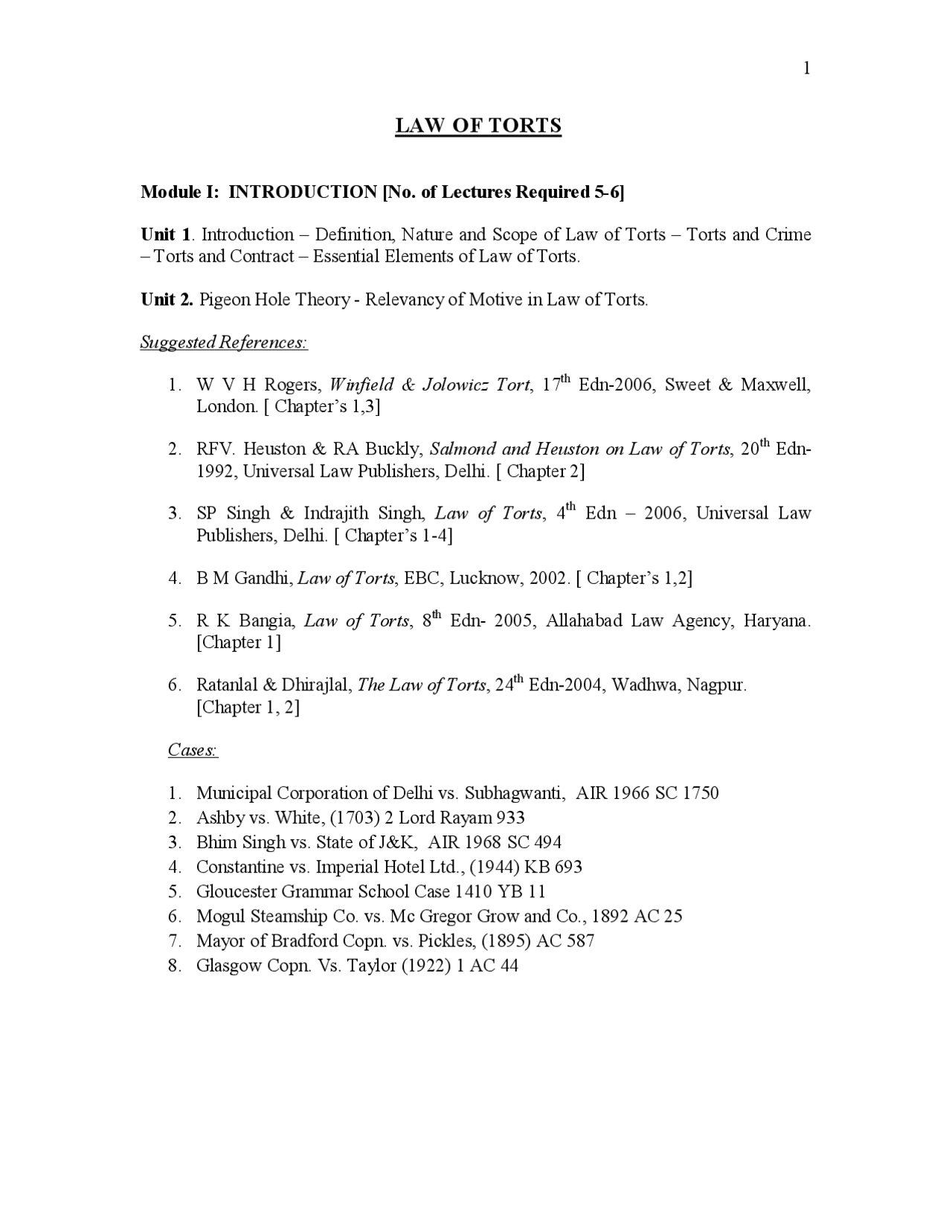 Content Outline Law Of Torts Docsity
