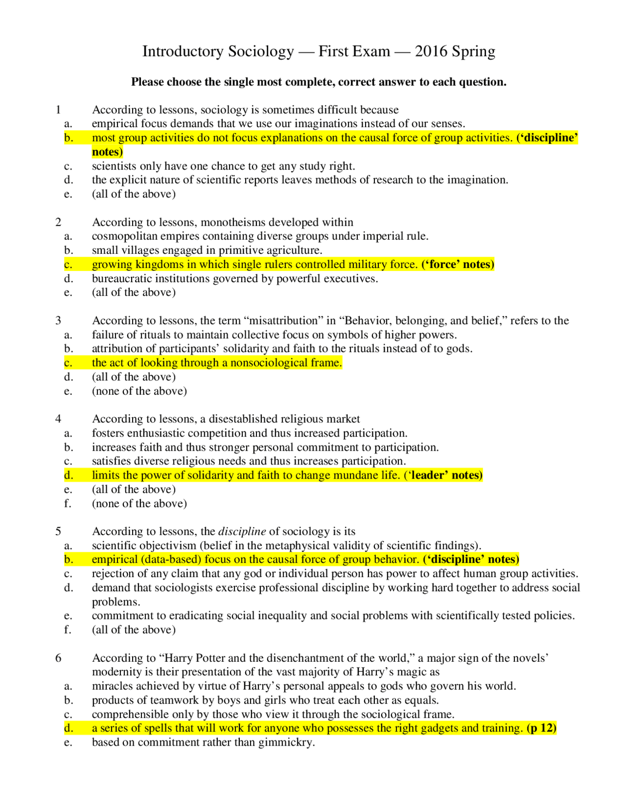 Exam With Solution For Introductory Sociology Soc 1004 Docsity