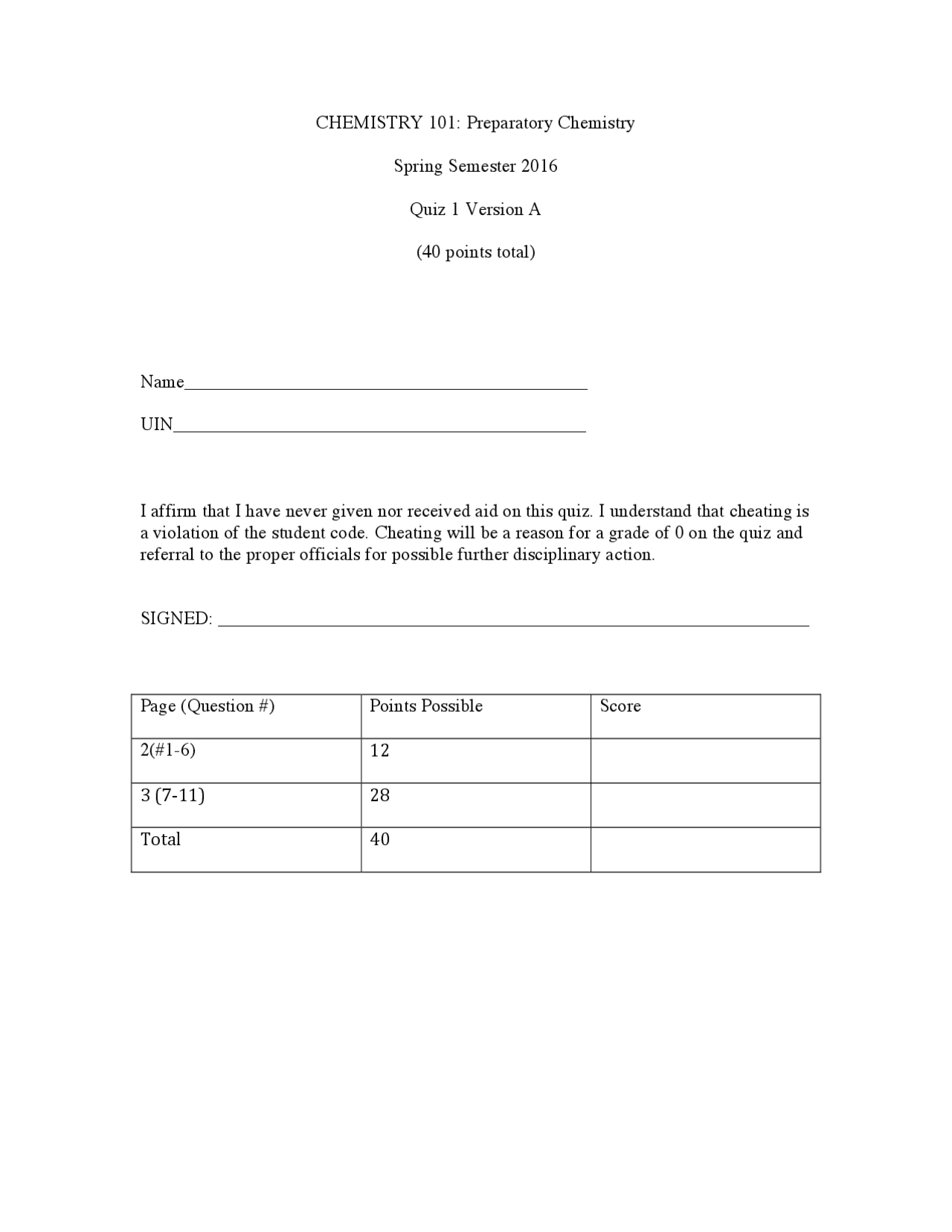 Quiz 1 Version A Questions - Preparatory Chemistry | CHEM 101 - Docsity
