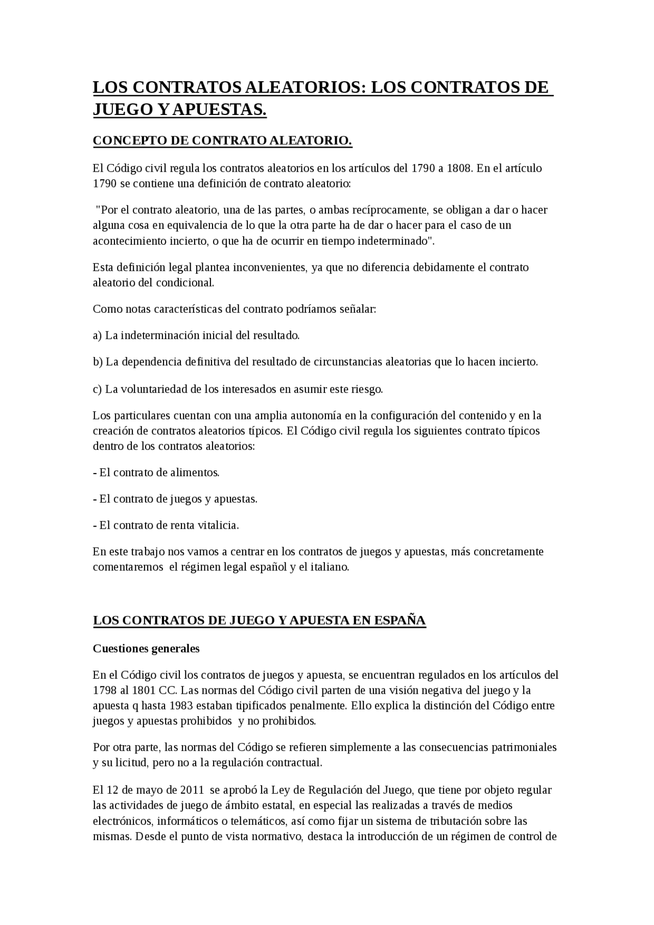 Los contratos aleatorios - Docsity