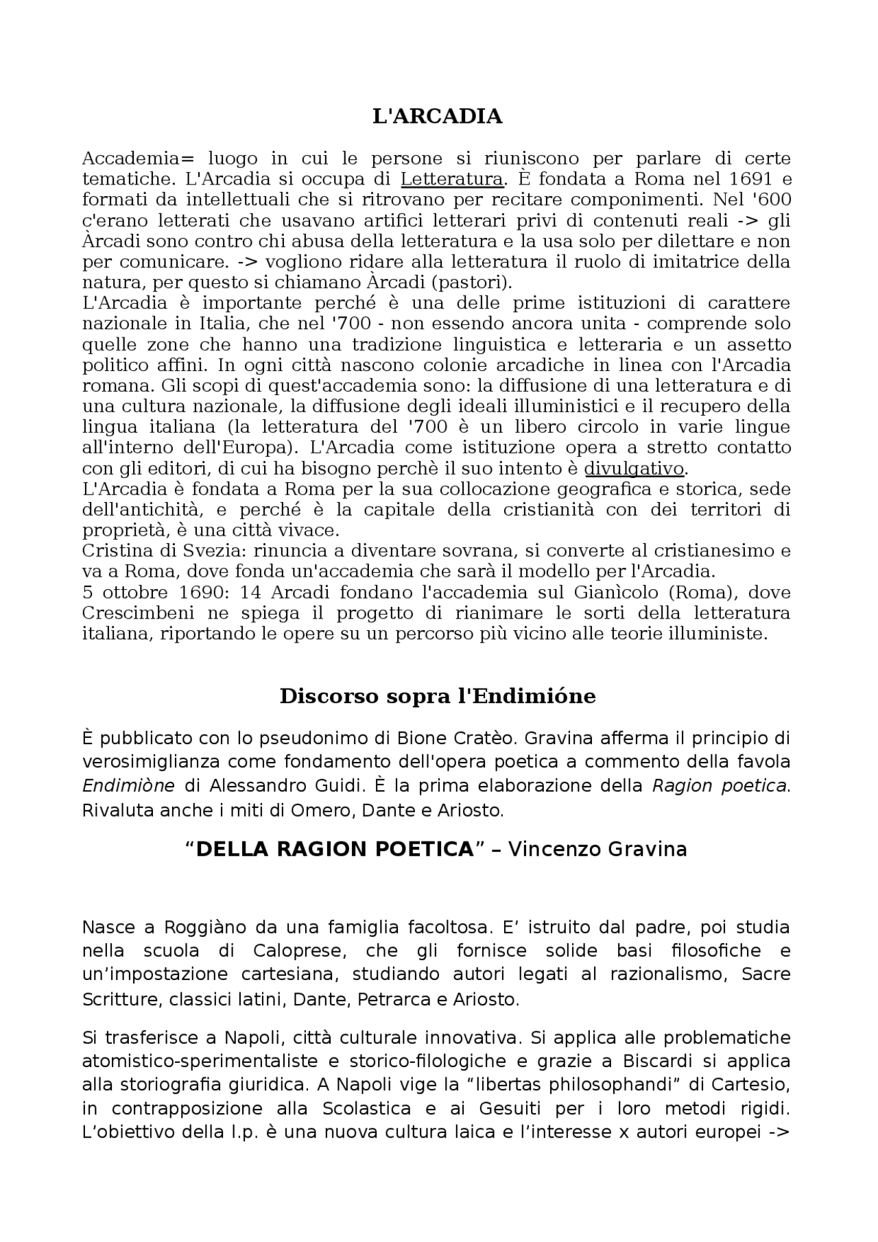 L'Arcadia e il '700 - Docsity