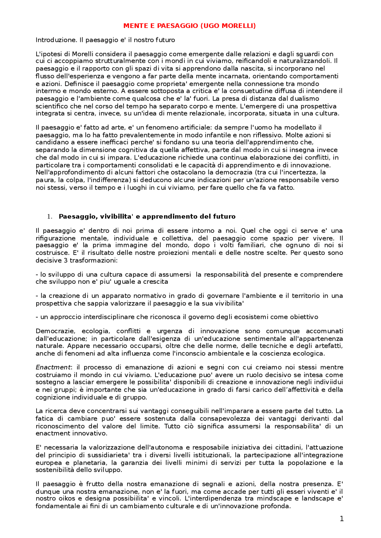 Riassunto Mente E Paesaggio Docsity