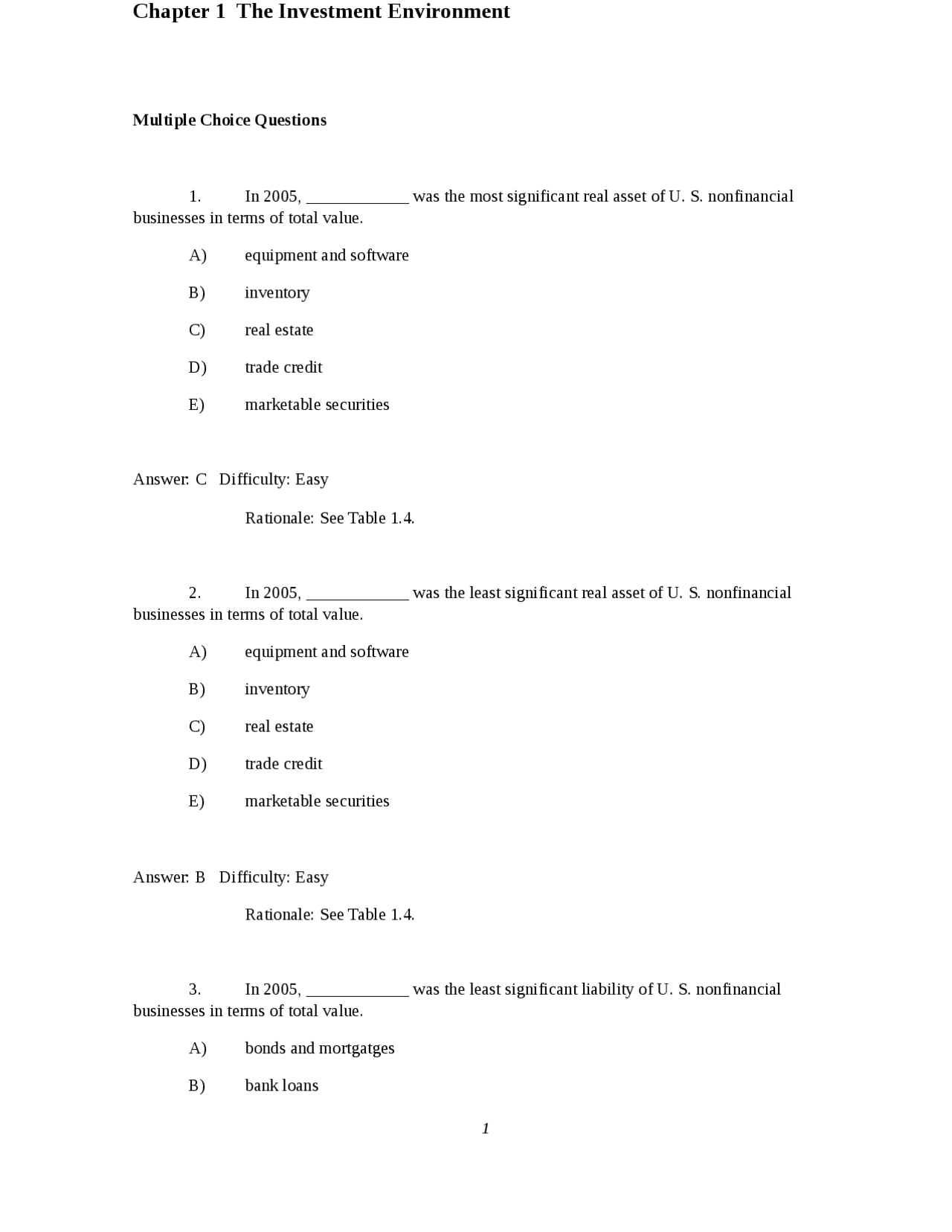 Investments Multiple Choice Questions Esercizi Di Finanza Docsity