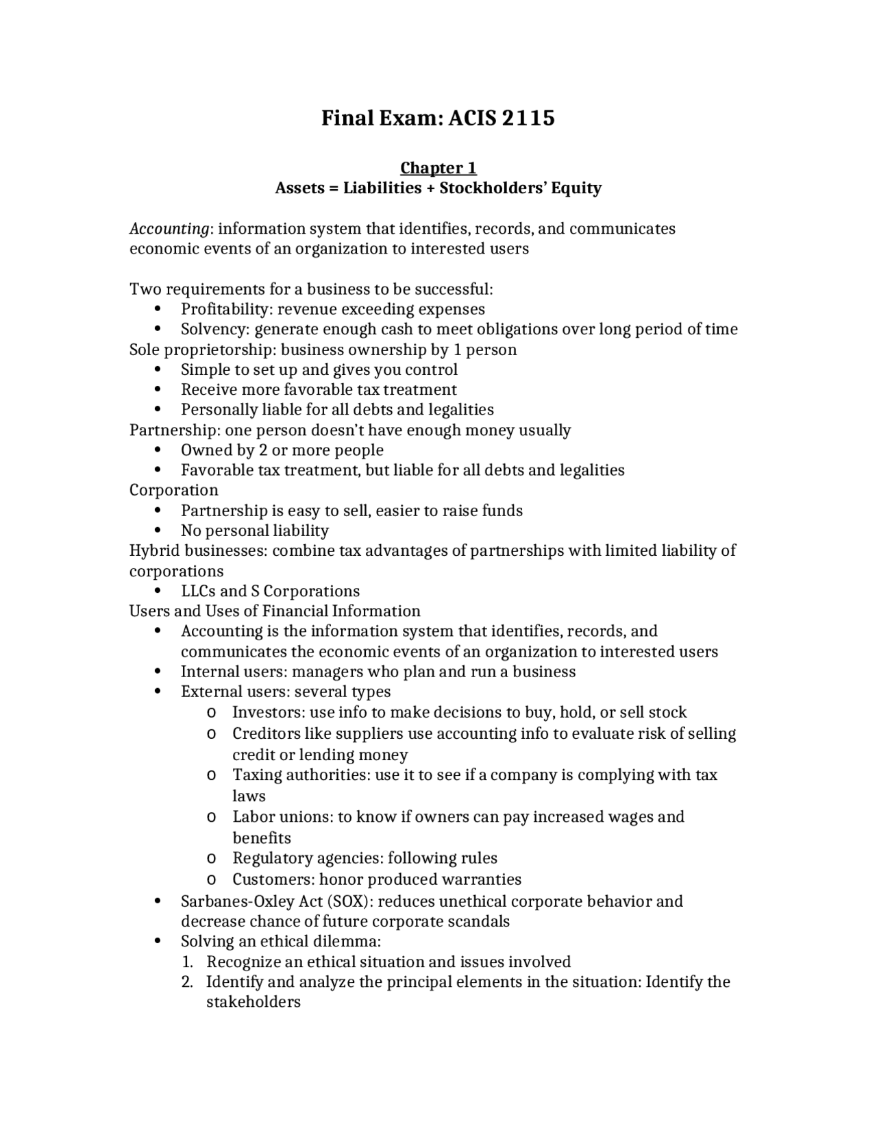 Final Exam Review Sheet - Principles of Accounting | ACIS 2115 - Docsity