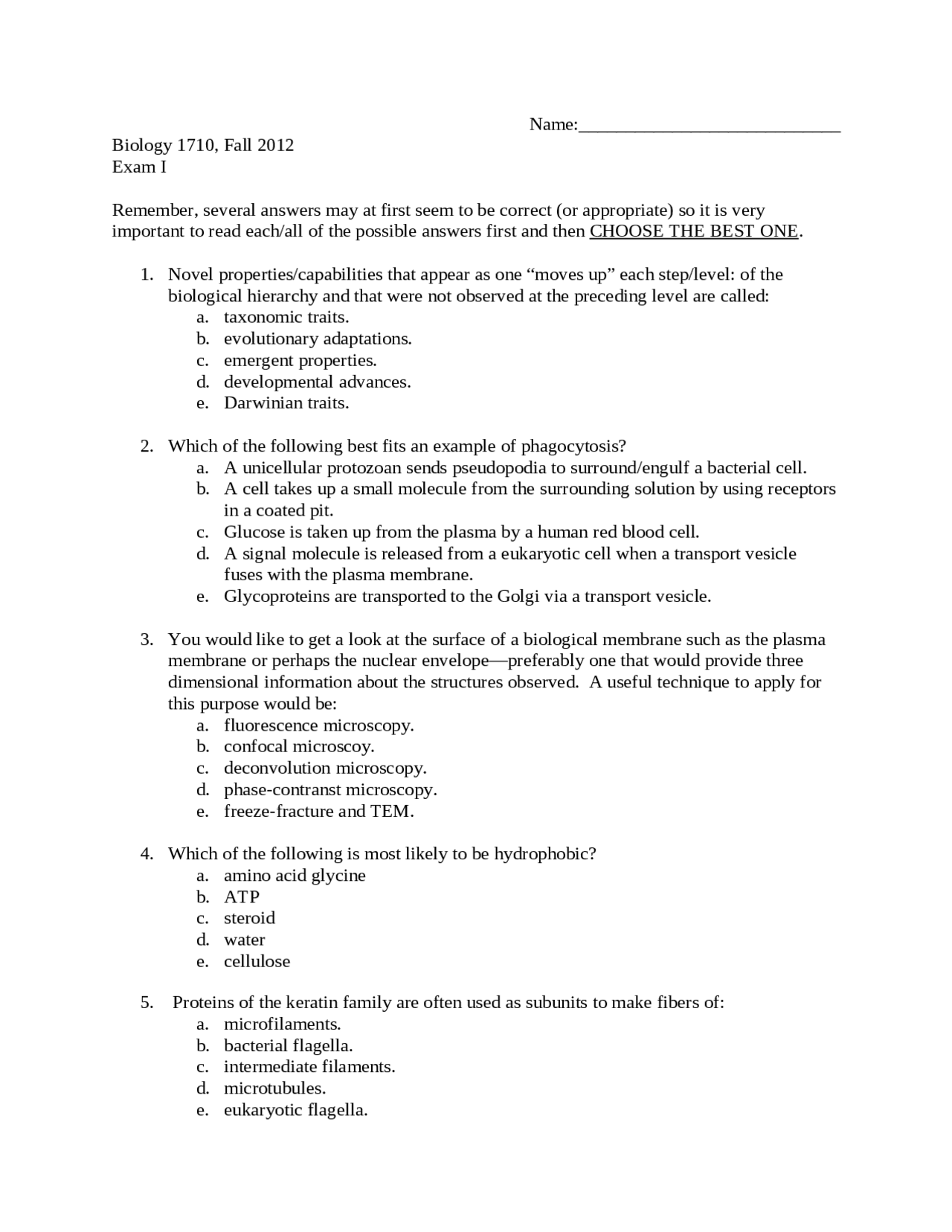 Exam 1 for Principles of Biology I - Fall 2012 | BIOL 1710 - Docsity