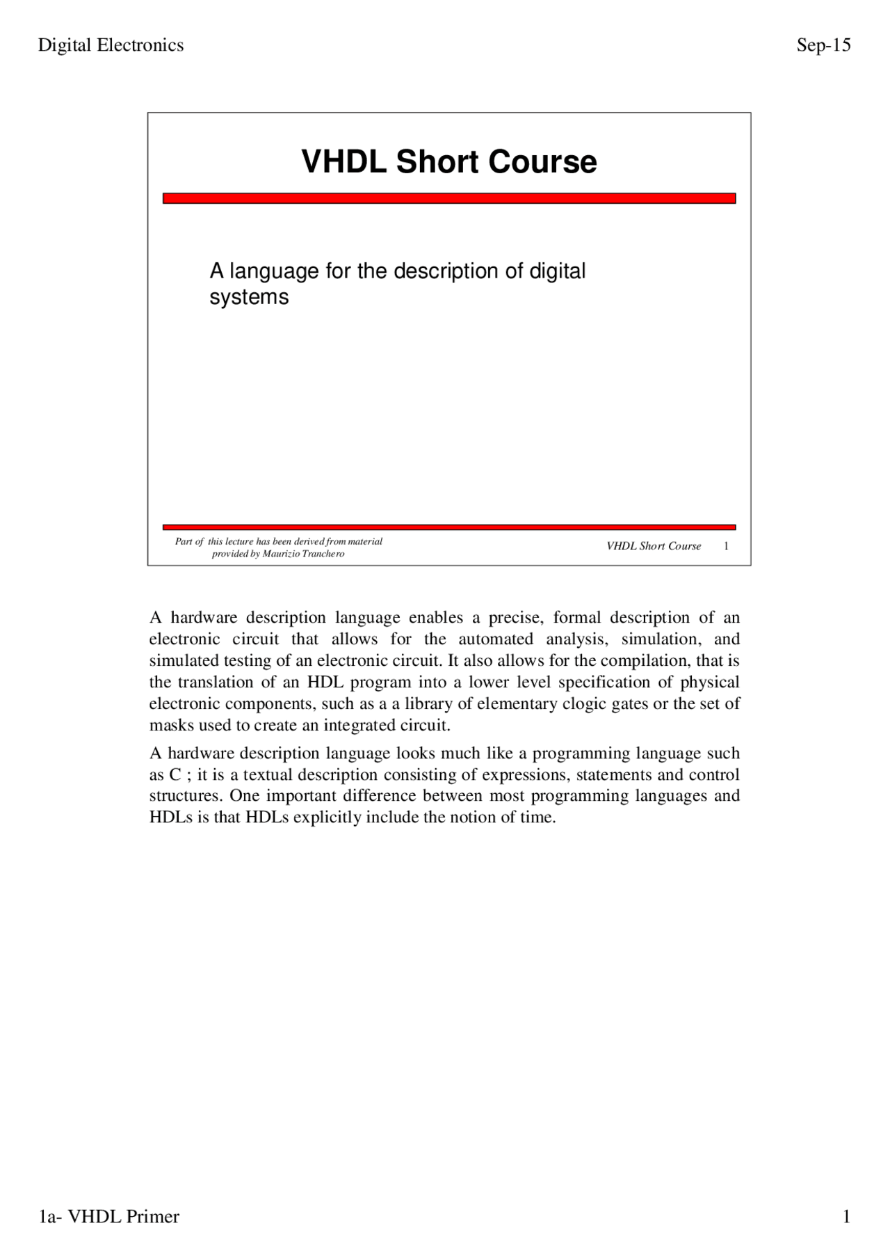 VHDL short course, Digital electronics - Docsity