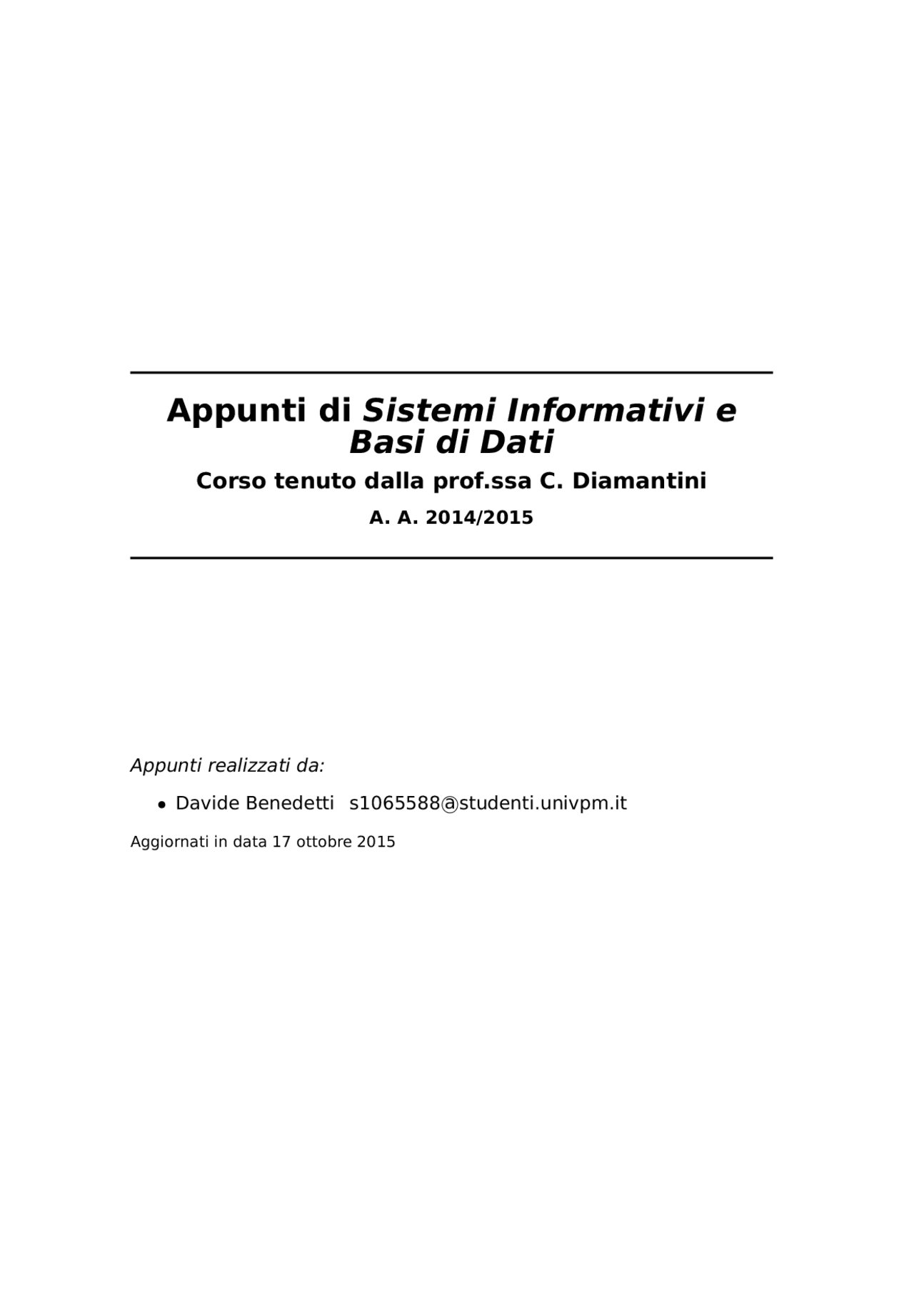 Sistemi Informativi E Basi Di Dati Appunti Di Sistemi Informativi