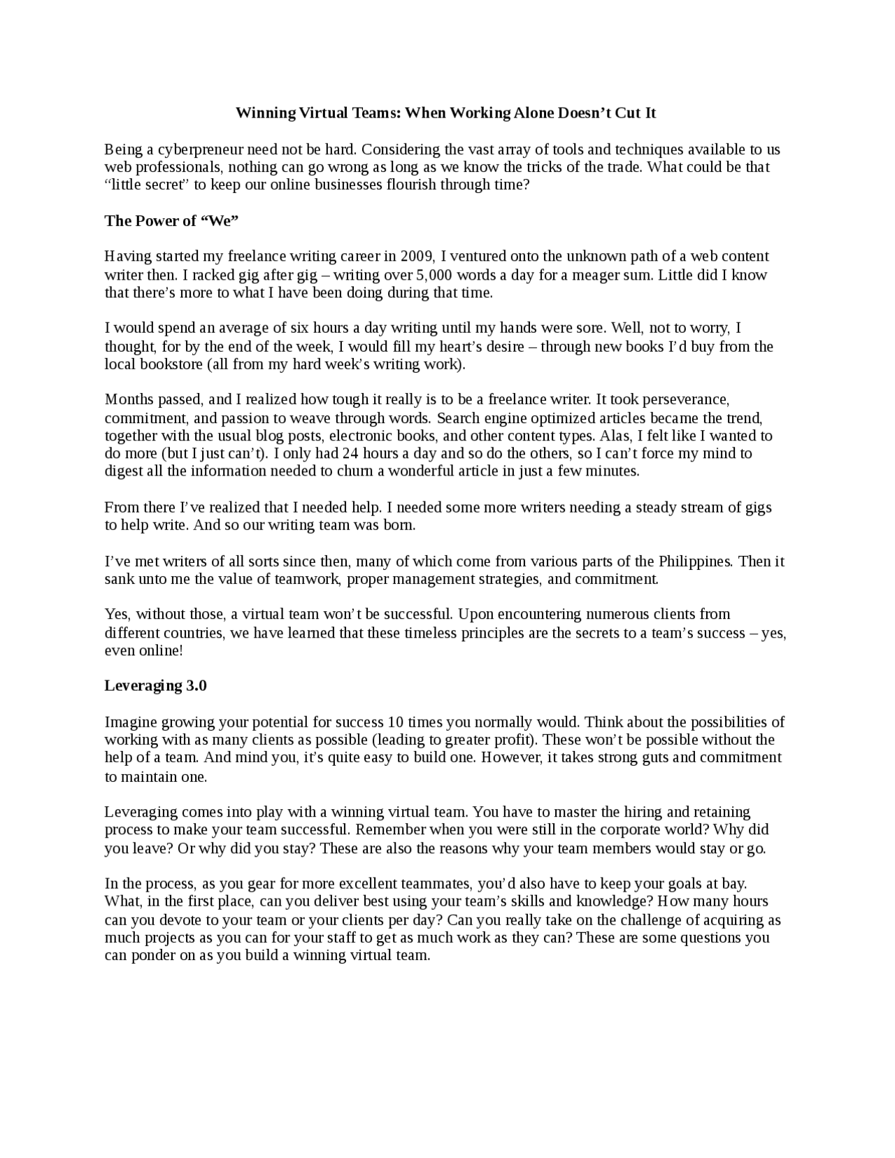 The Power of Virtual Teams: Overcoming the Challenges of Freelance Work | Essays (university ...