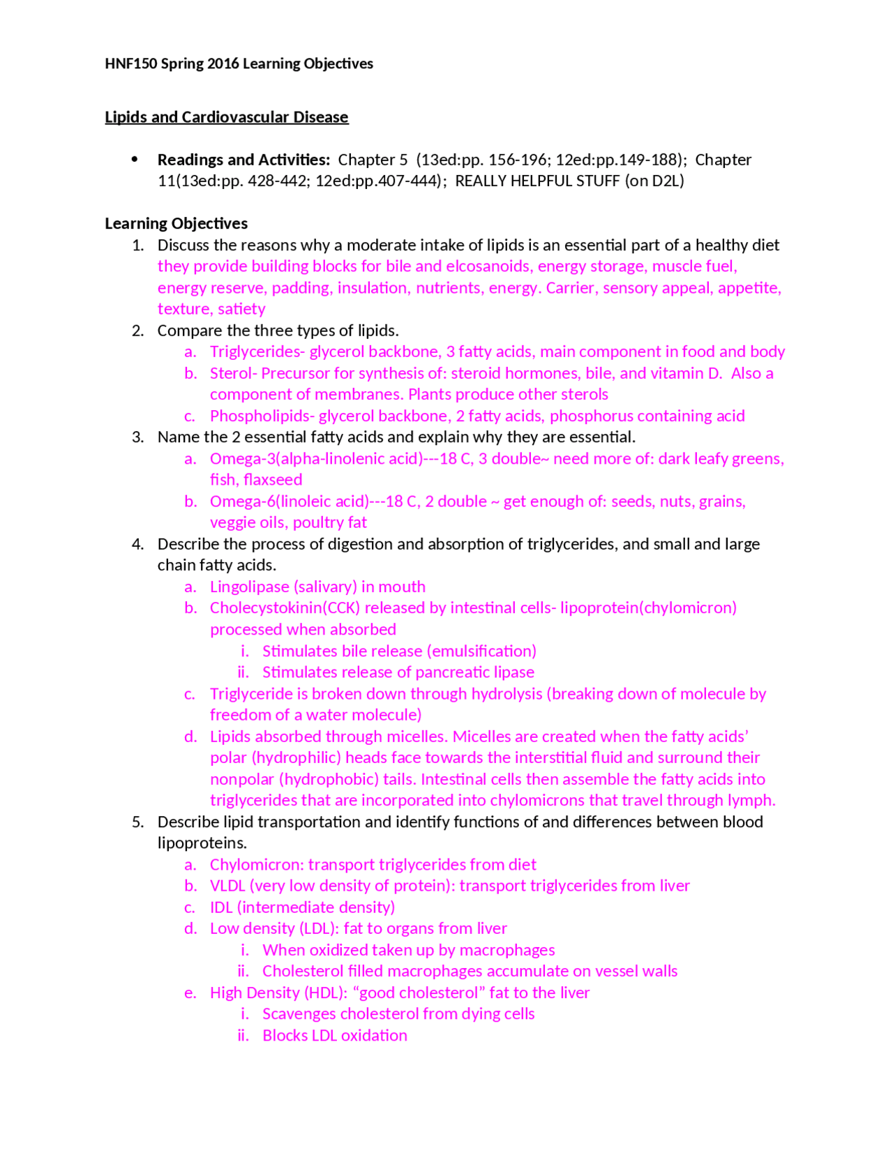 Lipids And Cardiovascular Disease Lecture Notes Hnf 150 Docsity
