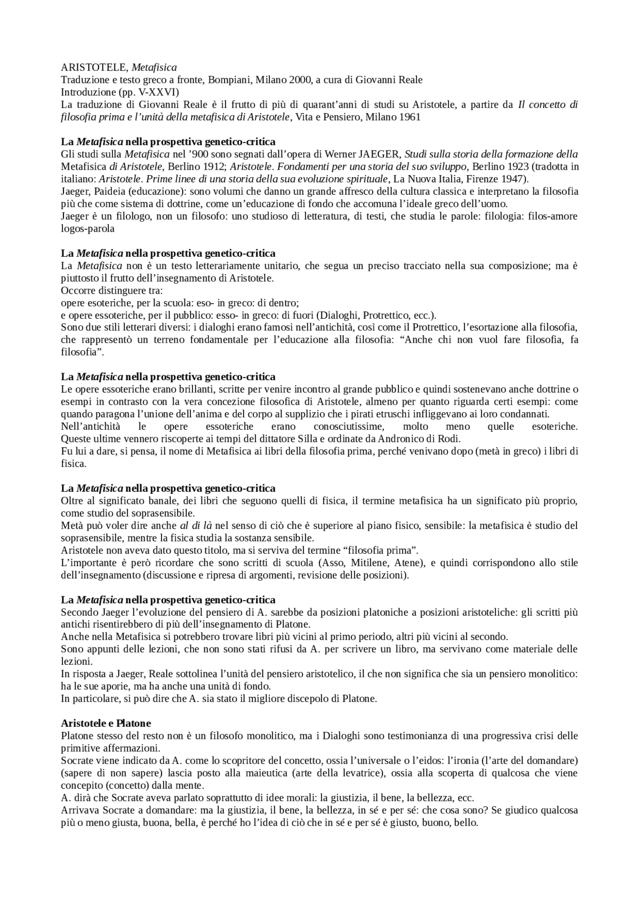 Aristotele Metafisica Docsity