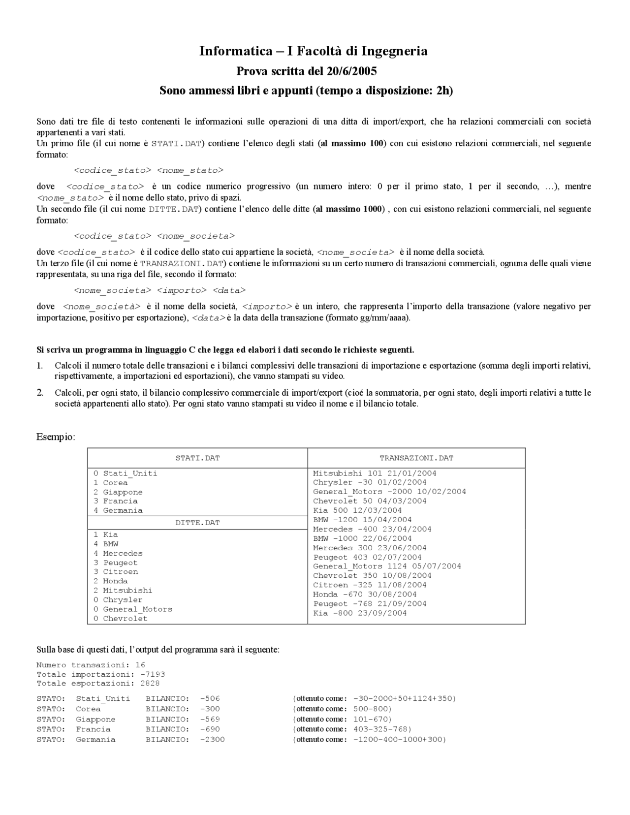 Tema d'esame d'informatica (linguaggio C) | Prove d'esame di Elementi di Informatica | Docsity