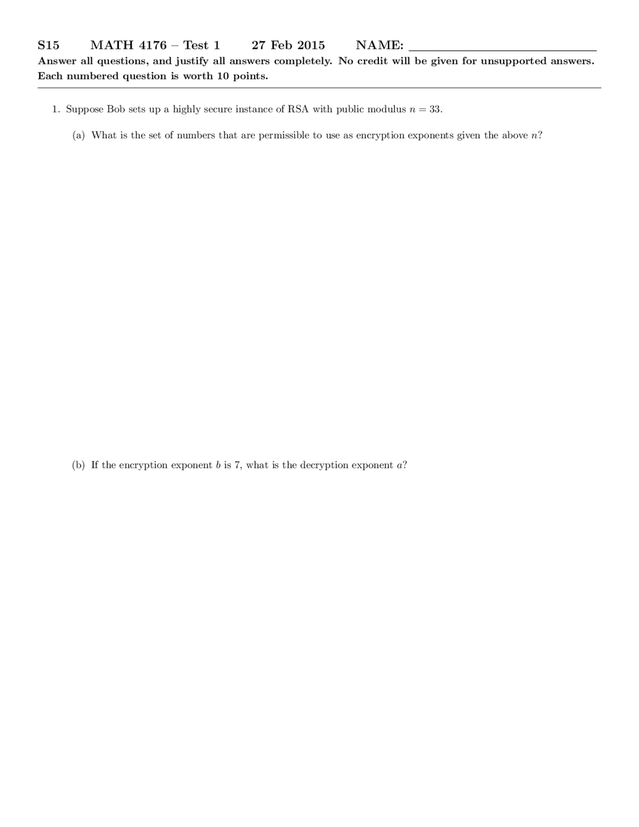 Test 1 Question Paper Cryptography Math 4176 Exams Cryptography