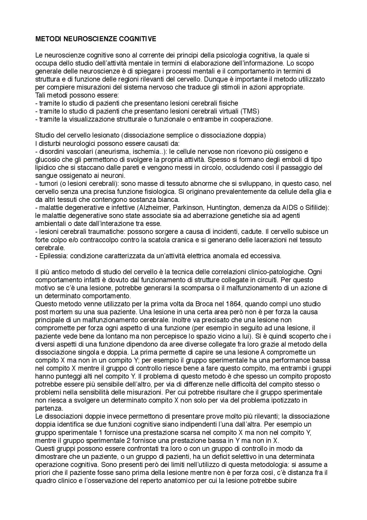 Neuroscienze Cognitive Modulo 1 Docsity