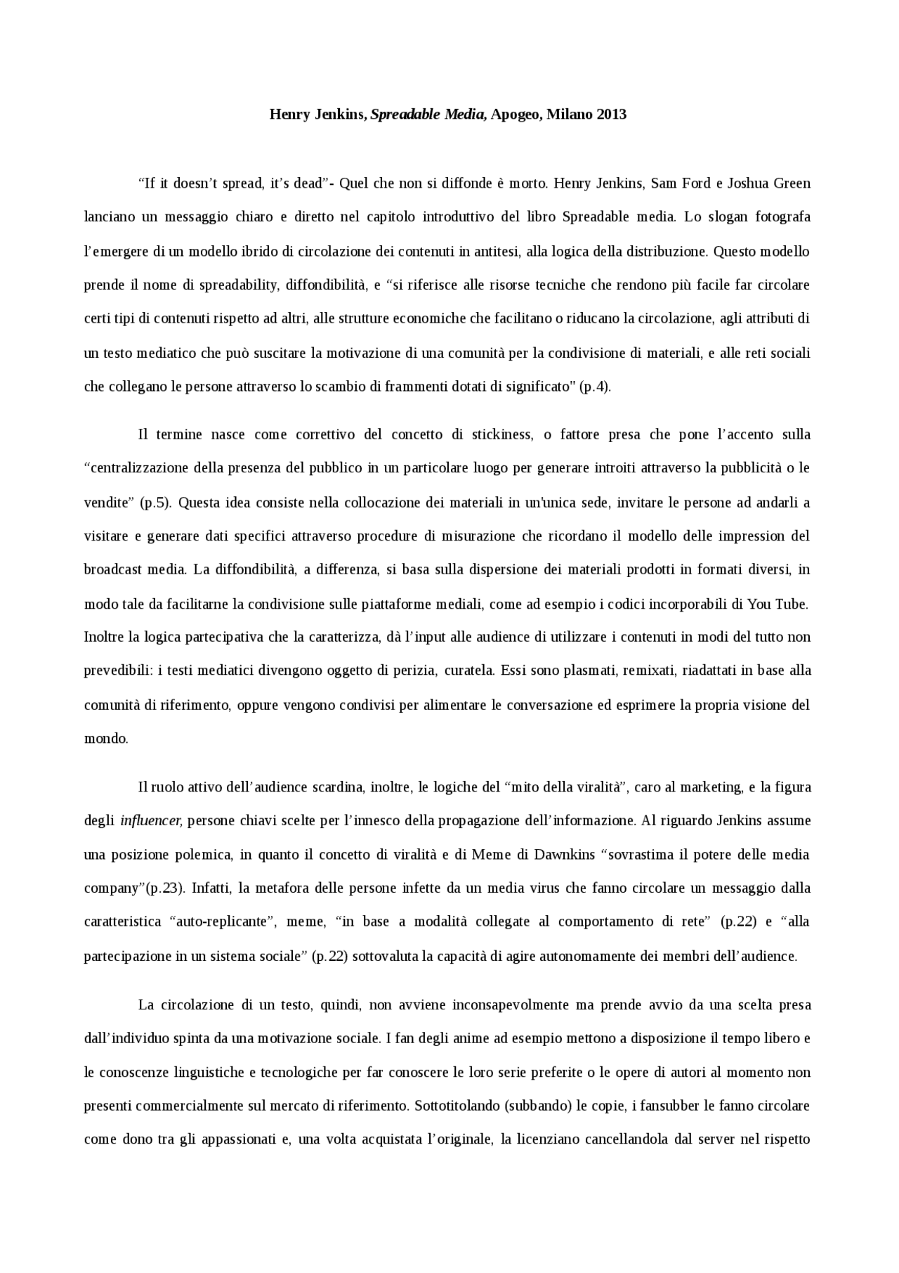Scheda Libro Spreadable Media Docsity