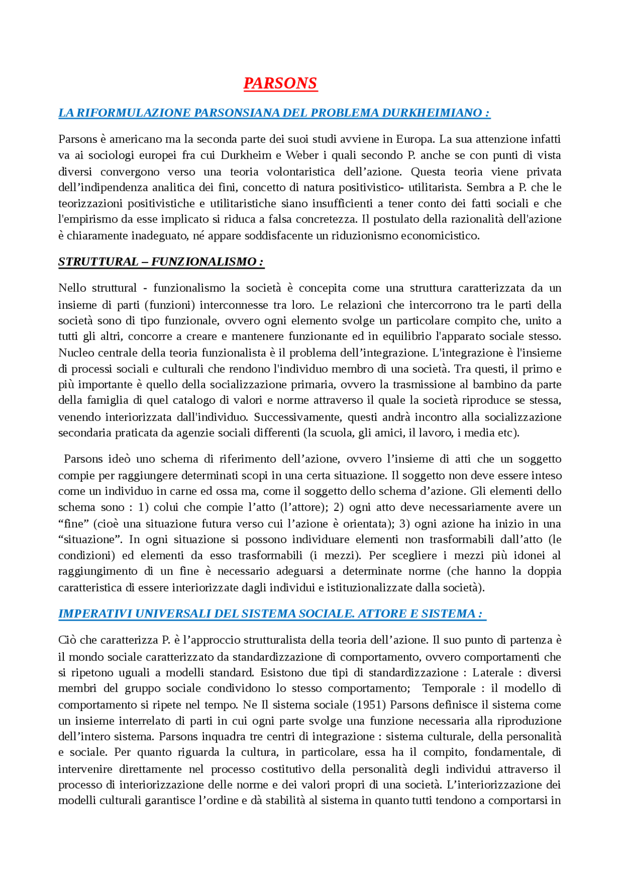 Parsons Appunti Di Sociologia Docsity