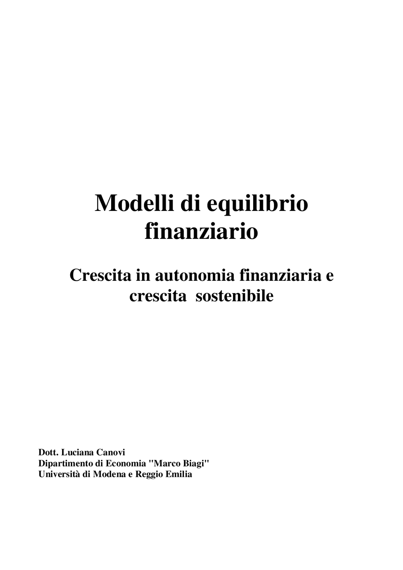 Dispensa modelli di equilibrio finanziario - Docsity