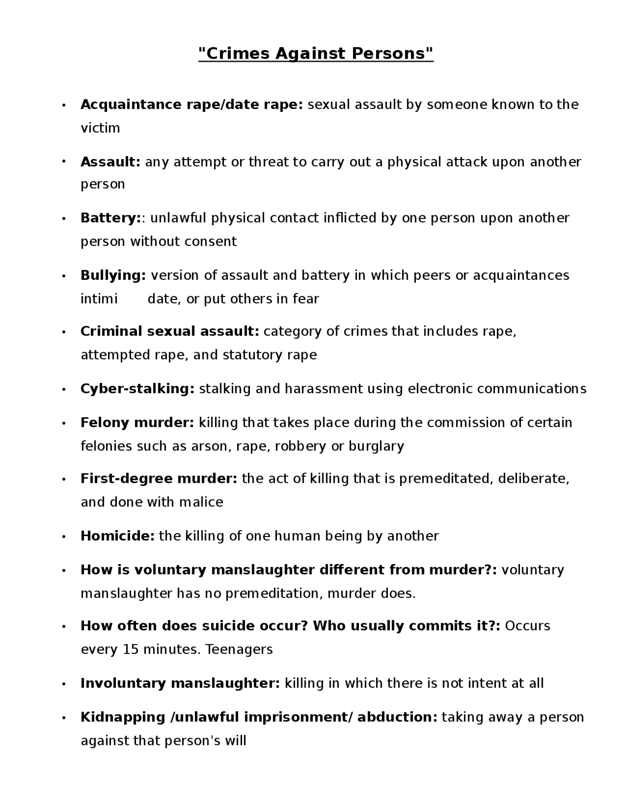 Crimes against persons - Docsity