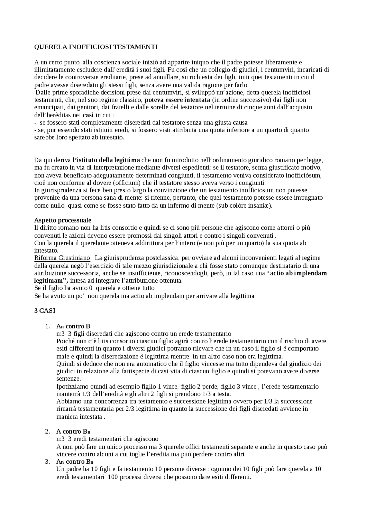 Querela inofficiosi testamenti - Docsity