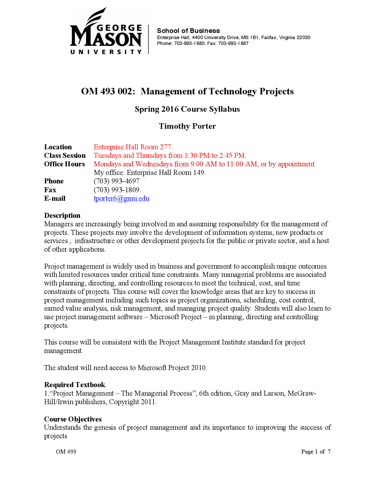 Course Outline - Management of Technology Project | OM 493 - Docsity