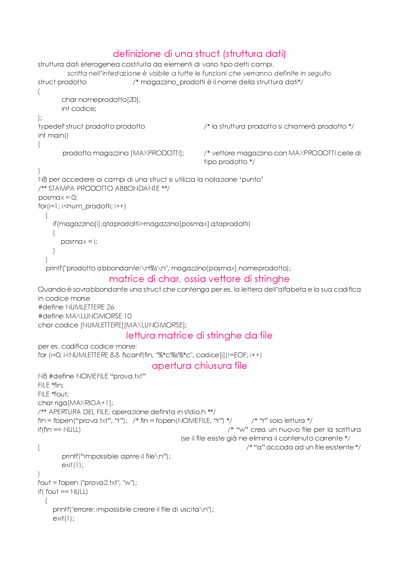 Appunti linguaggio c | Appunti di Elementi di Informatica | Docsity