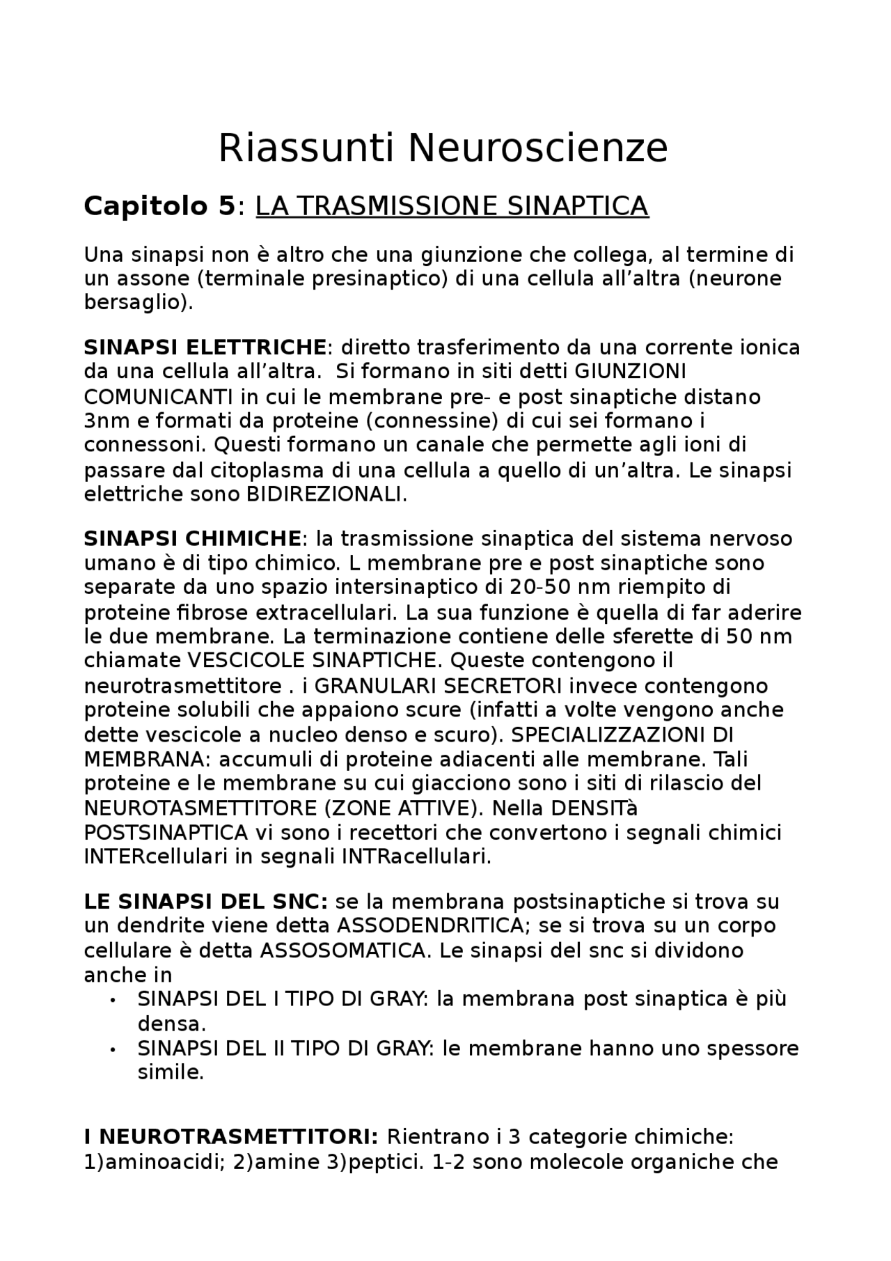 Riassunti Neuroscienze Docsity