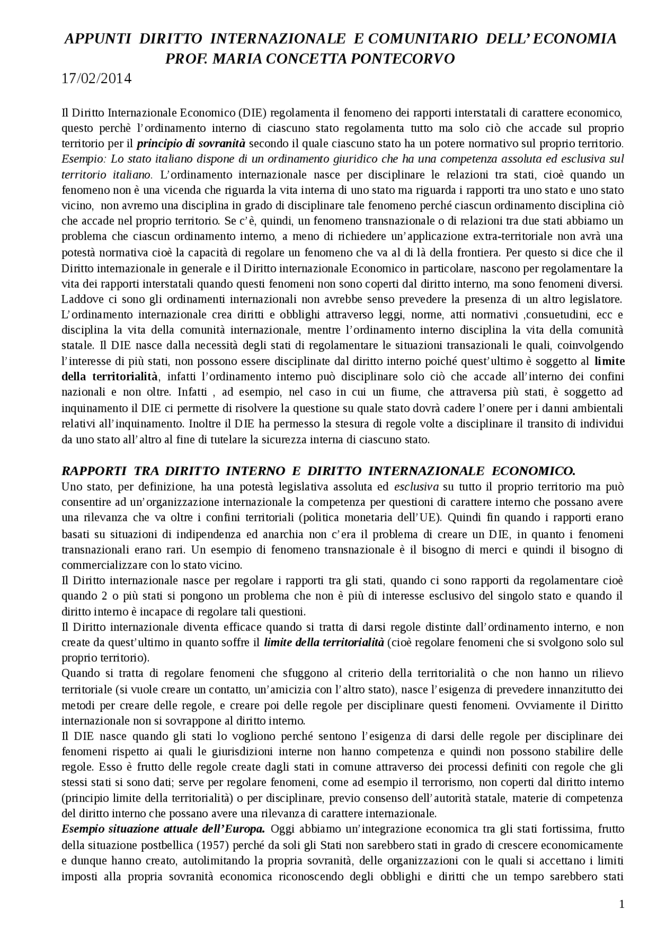 Diritto internazionale e comunitario prof pontecorvo (DICE 6cfu) - Docsity