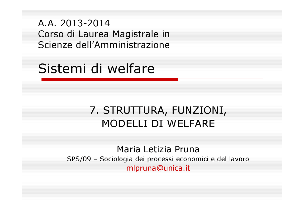 Lezione 7 Funzioni E Modelli Di Welfare Docsity