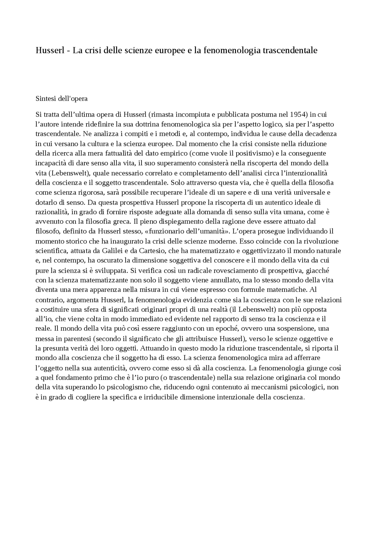 Sintesi Husserl La Crisi Delle Scienze Europee Docsity