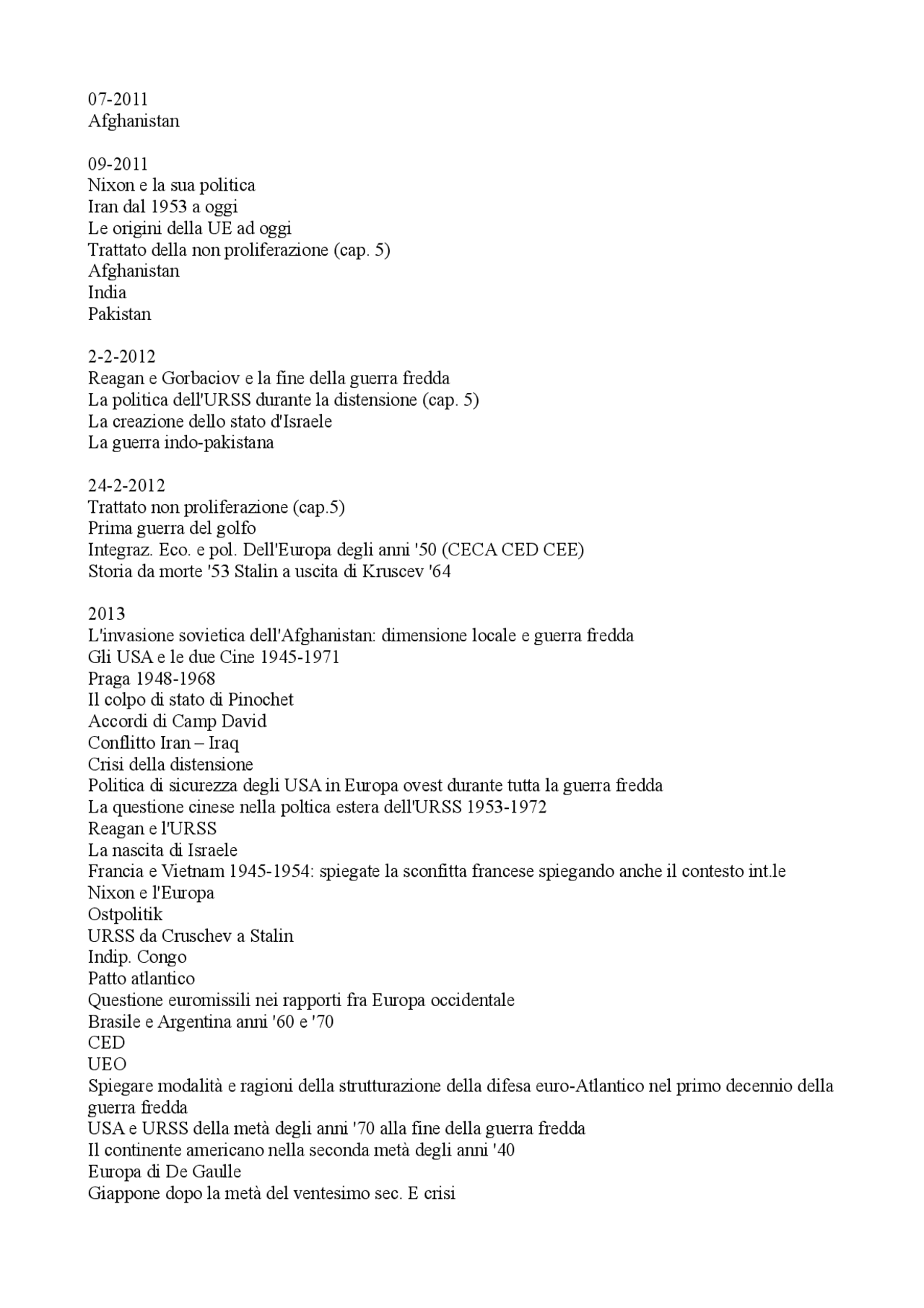 Domande Storia Delle Rel Intli 2011 2015 Calandri Unipd Prove D
