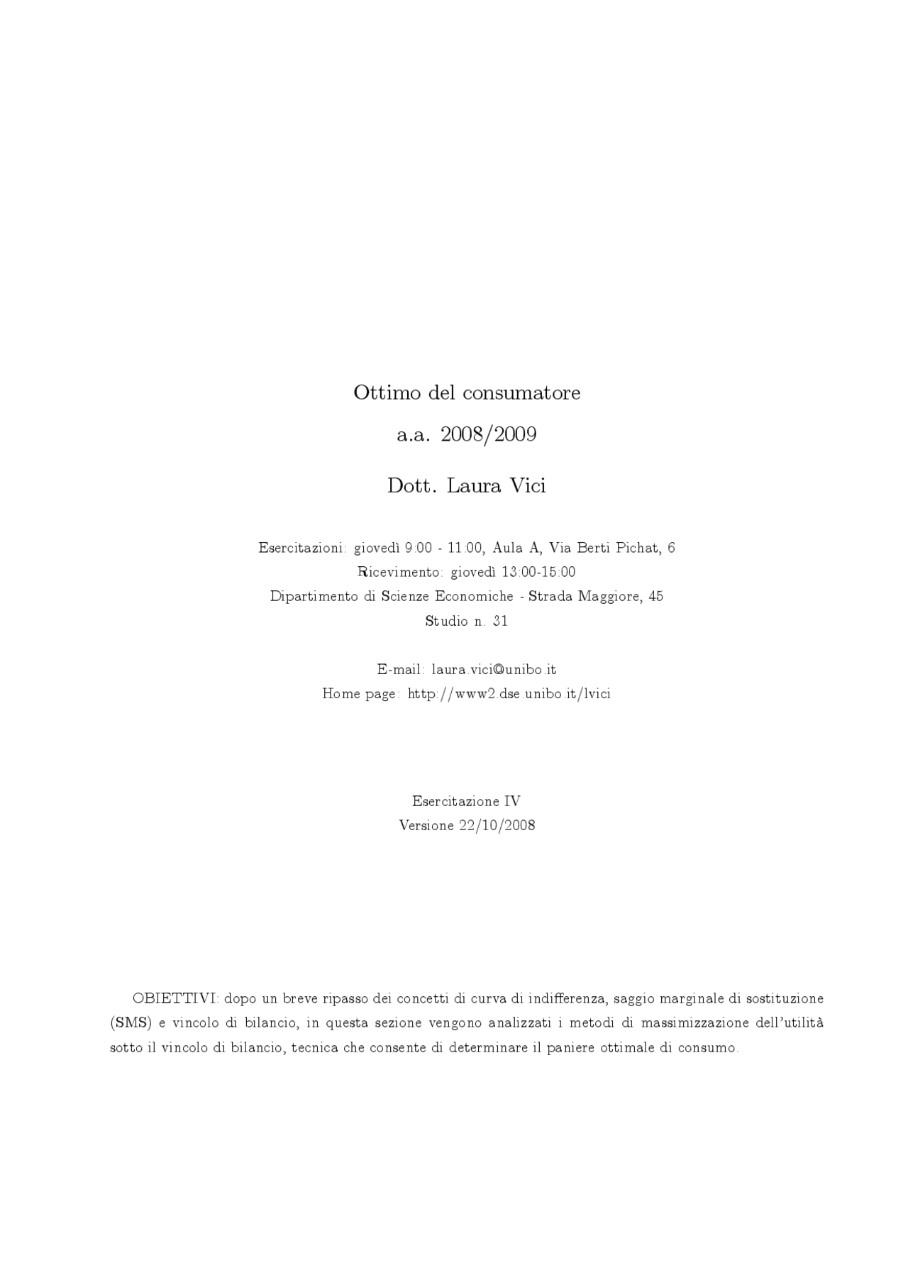 Esercitazioni Microeconomia Ottimo Del Consumatore Docsity