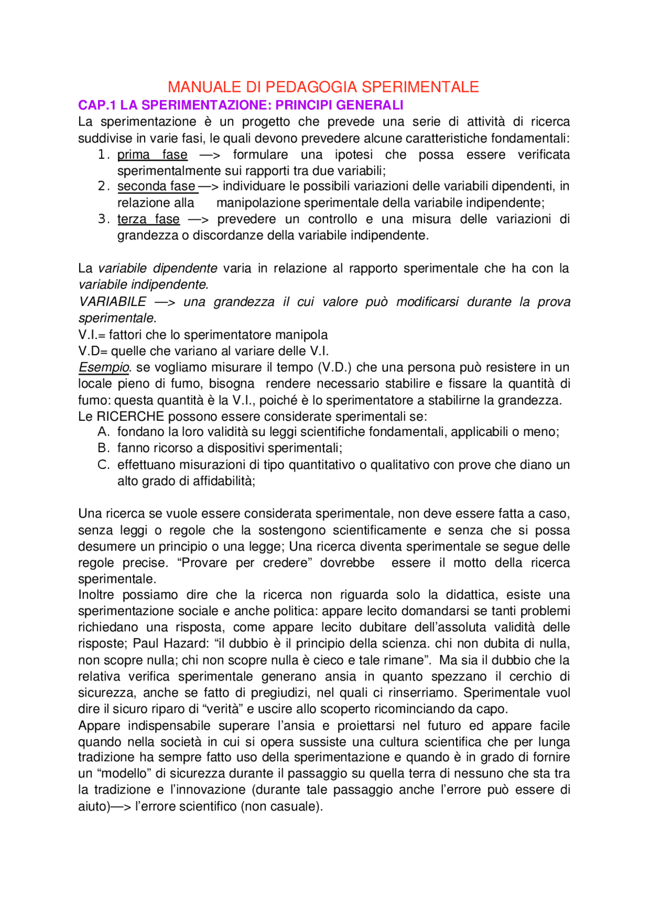 Manuale Di Pedagogia Sperimentale Docsity