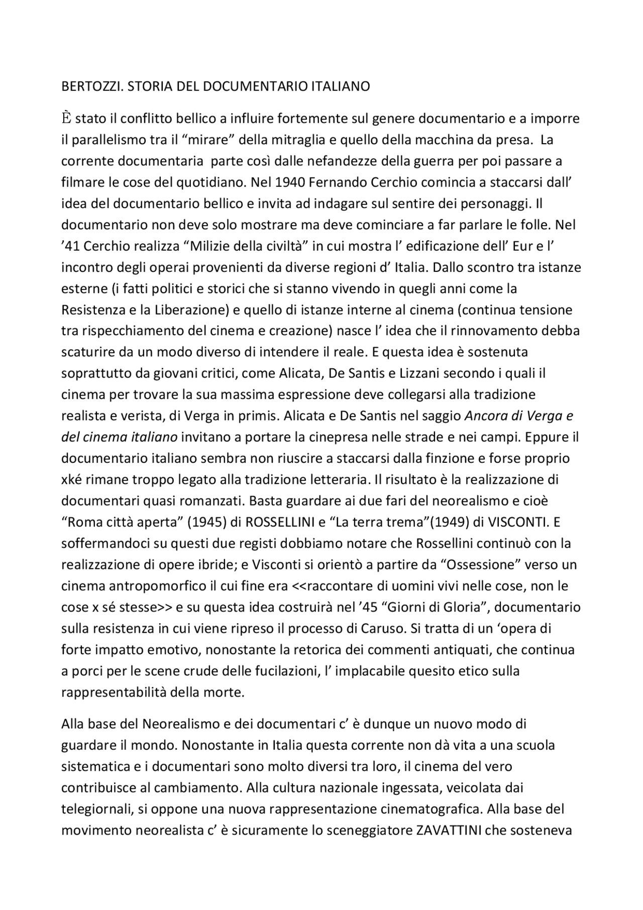 Bertozzi Storia del documentario italiano | Sintesi del corso di Storia ...