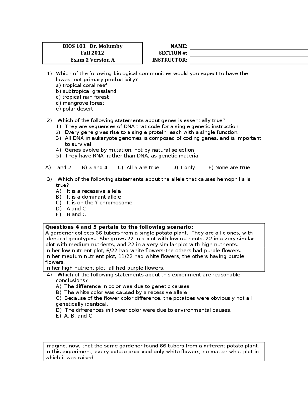Exam 2b Questions Biology Of Populations And Communities Fall 2012