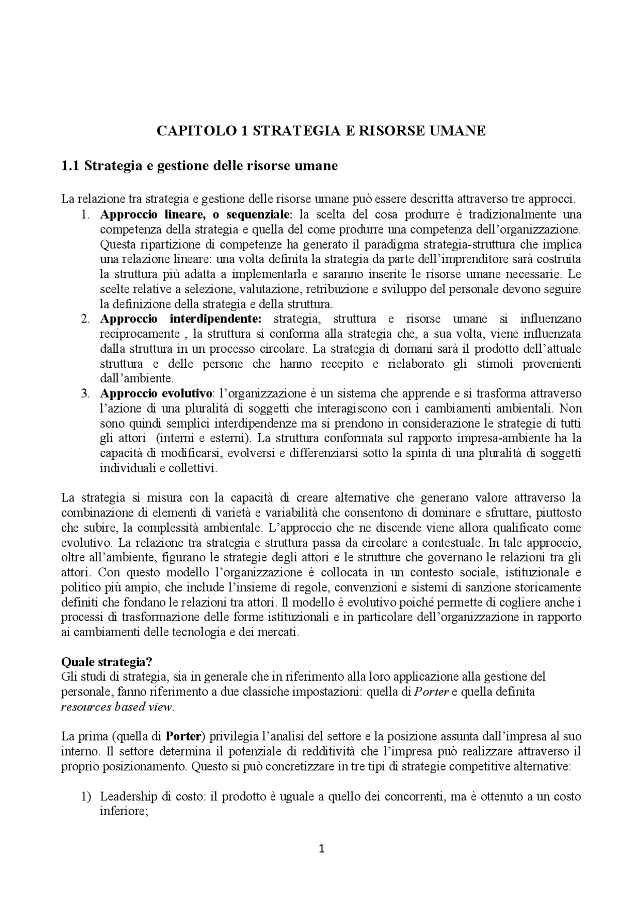 RIASSUNTO CAPITOLO 1 E 2 RISORSE UMANE PERSONE,RELAZIONI E VALORE - Docsity