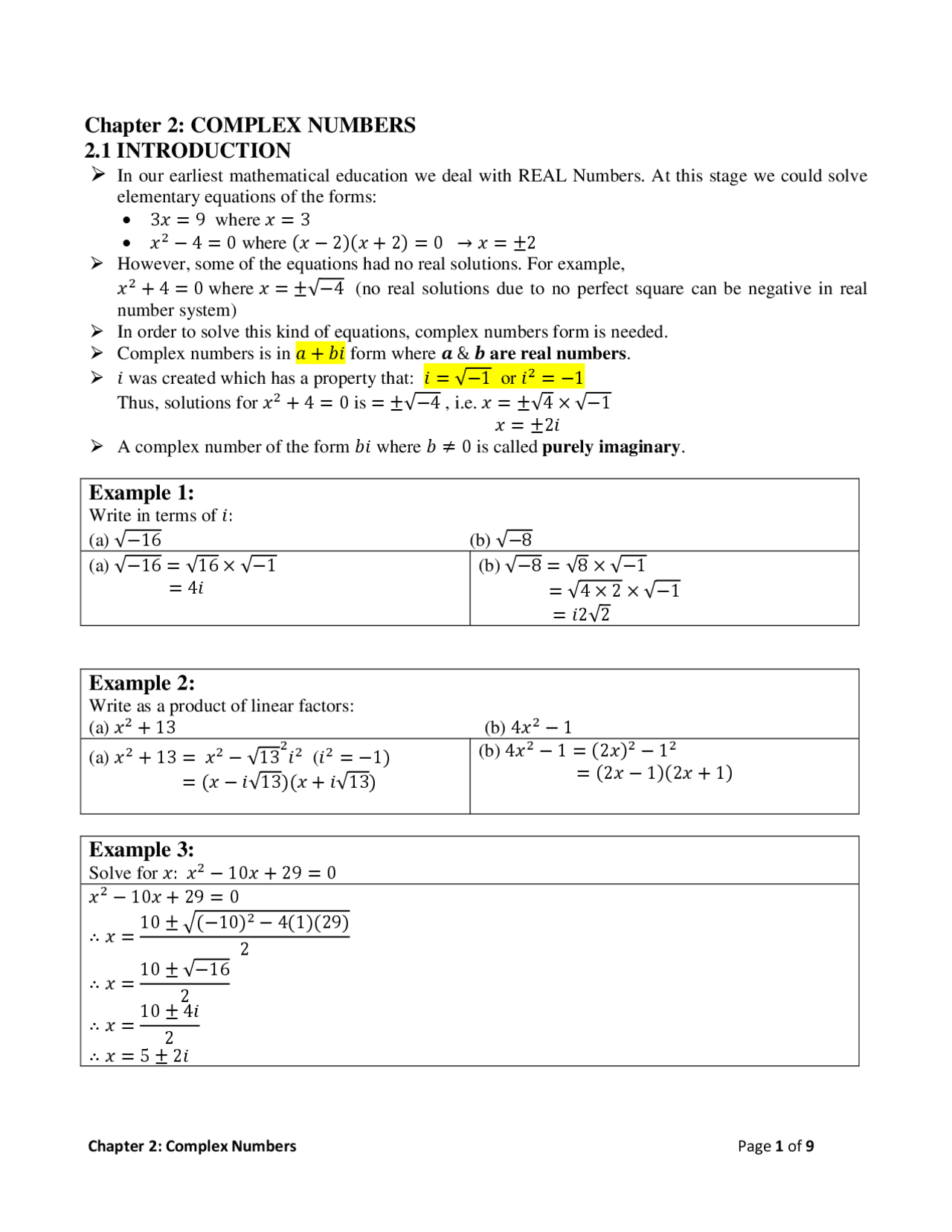 Chapter 2 Complex Numbers Docsity
