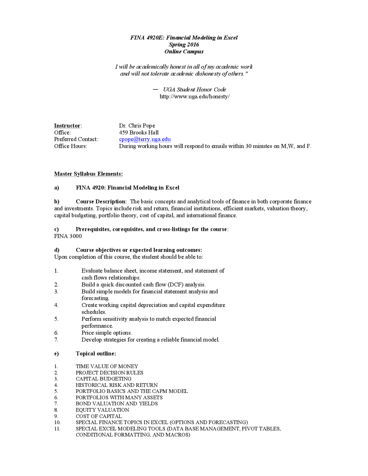 Financial Modeling In Excel Financial Modeling Fall 2016 Fina