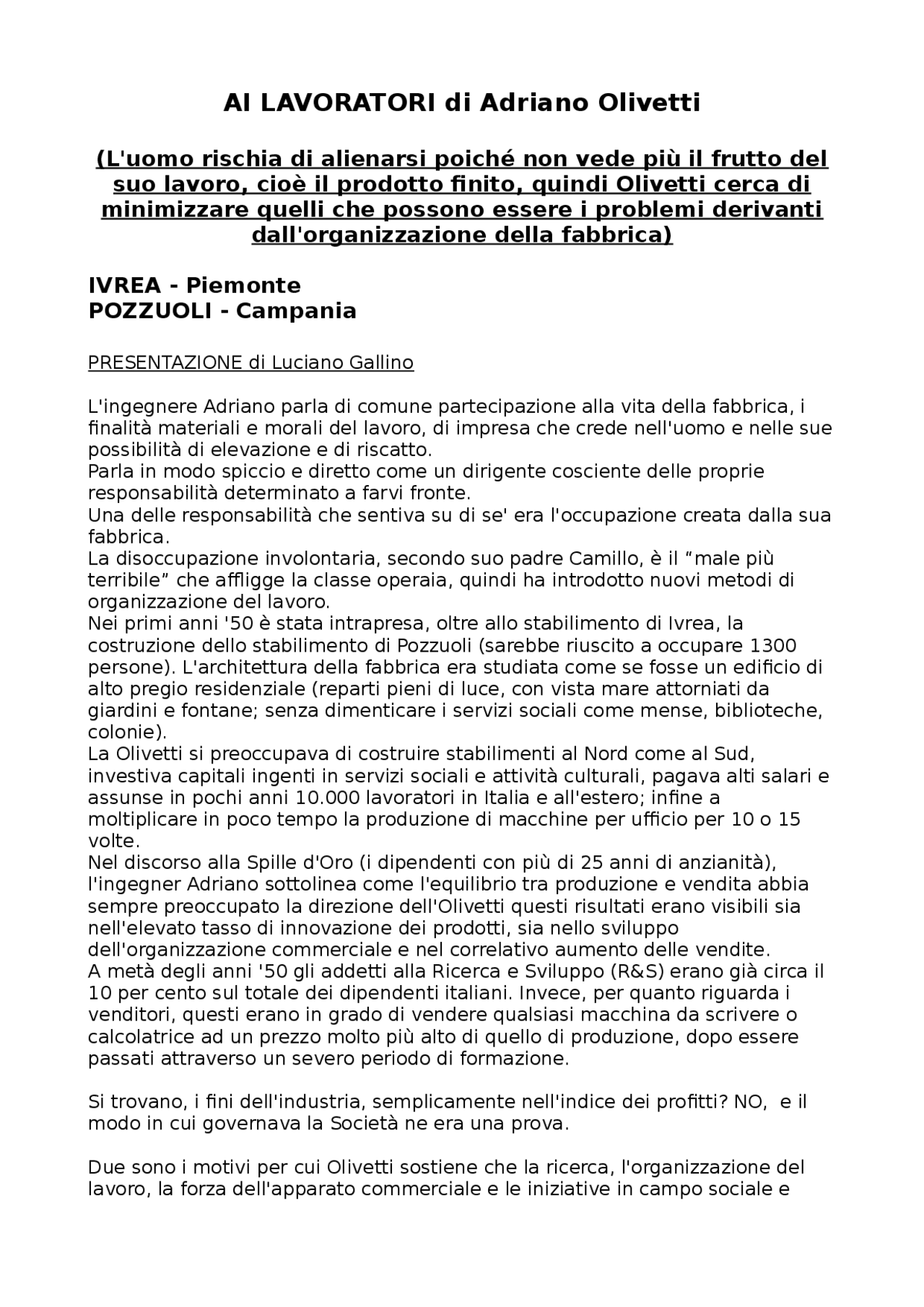 Ai Lavoratori Di Adriano Olivetti Docsity