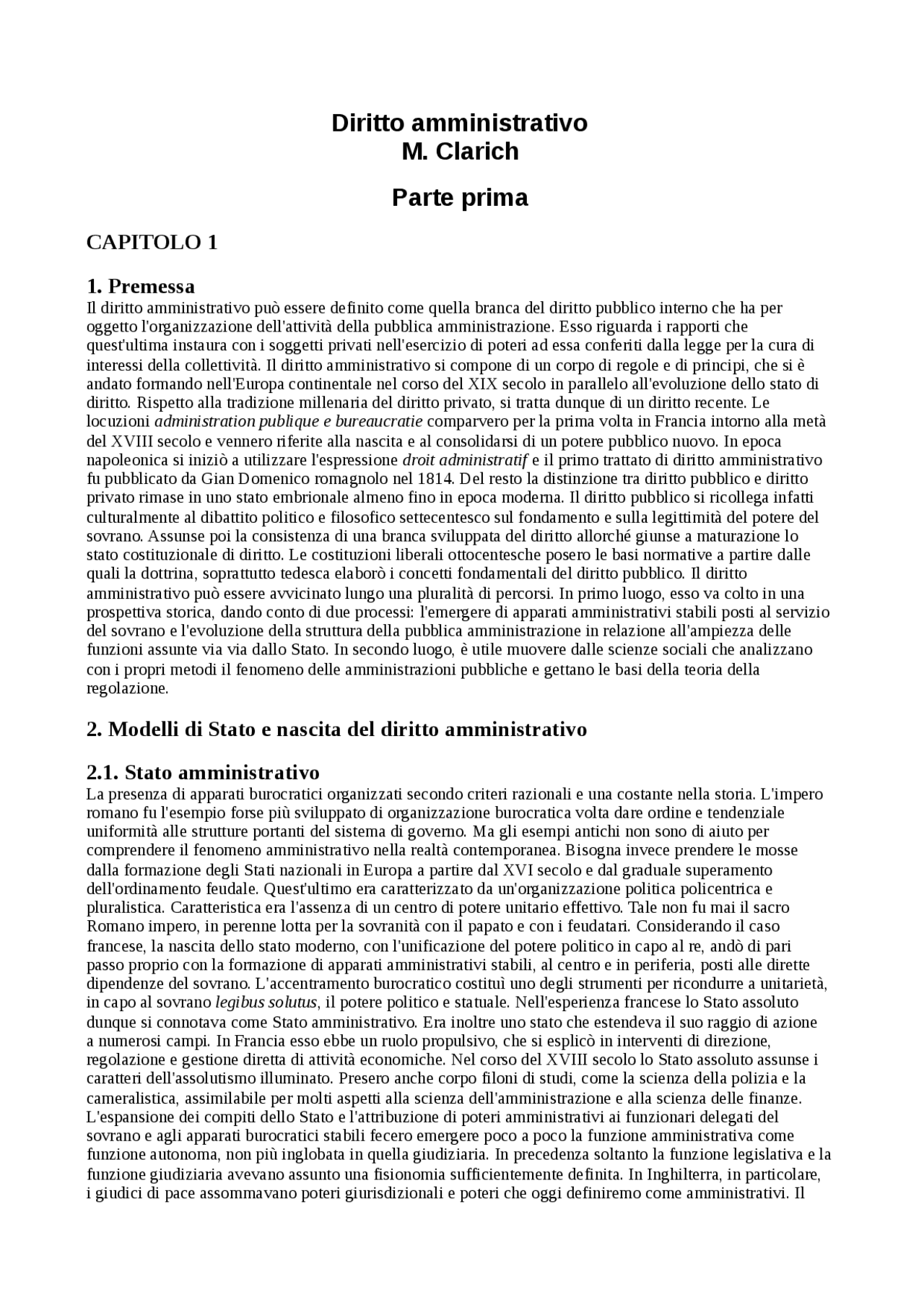 Diritto Amministrativo Marcello Clarich 2° edizione -Prima Parte- - Docsity