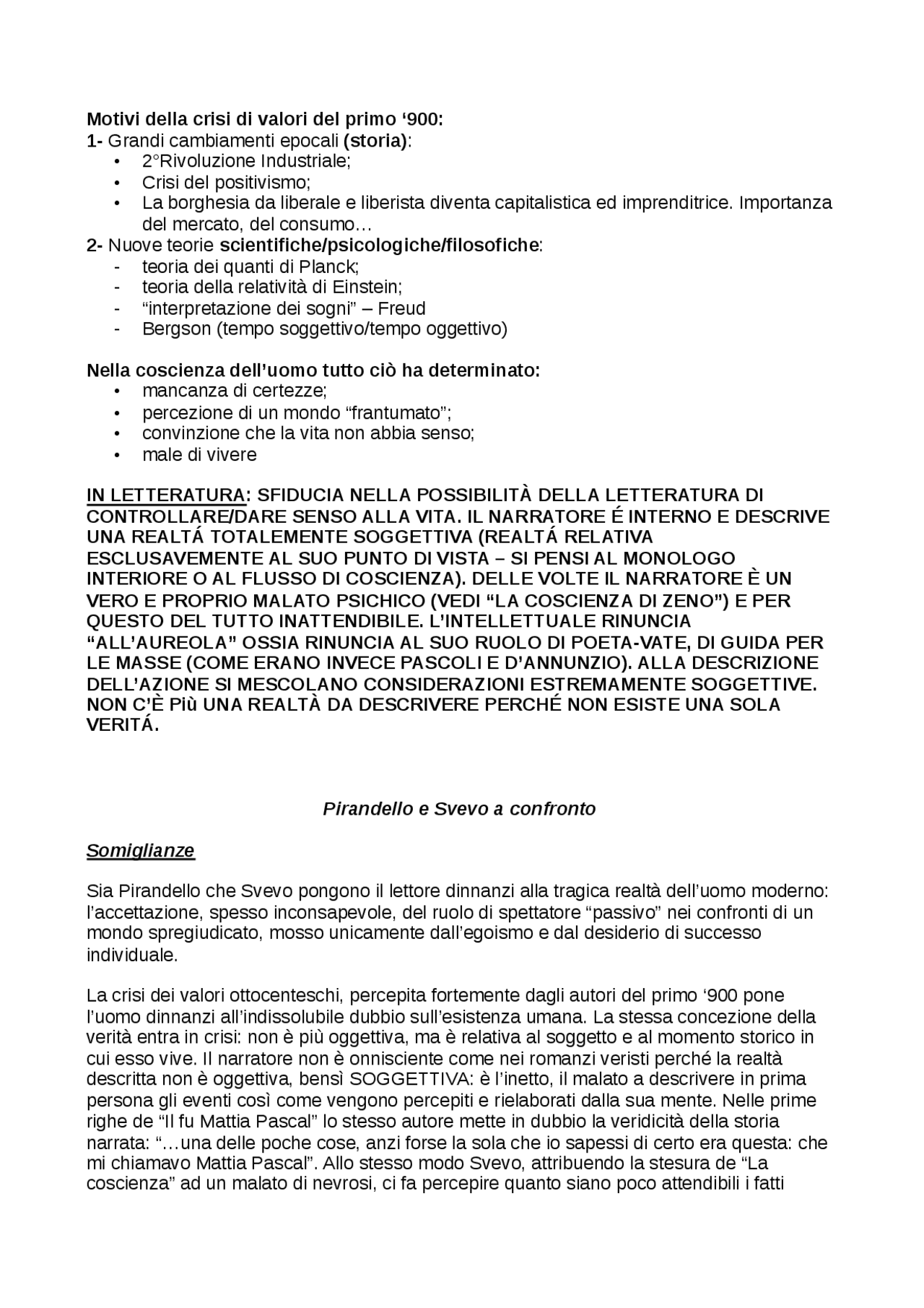 Pirandello vs. Svevo | Appunti di Letteratura Italiana - Docsity