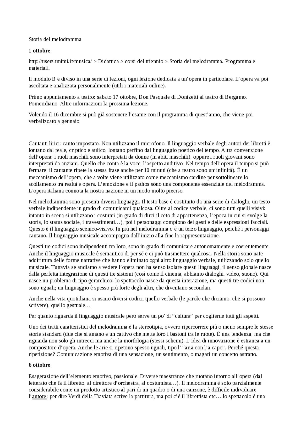 Appunti storia del Melodramma | Appunti di Storia del Teatro e dello Spettacolo | Docsity