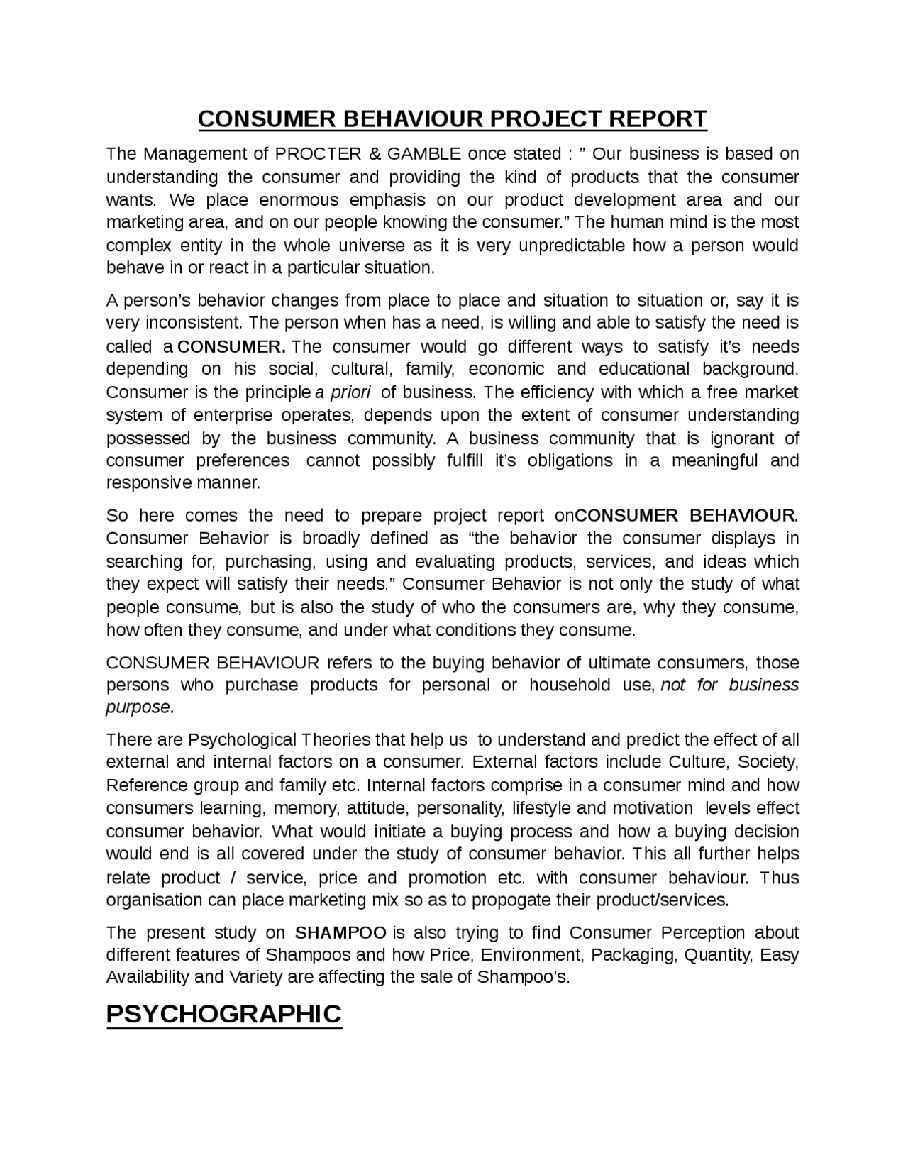 Consumer Behaviour Project Report Docsity